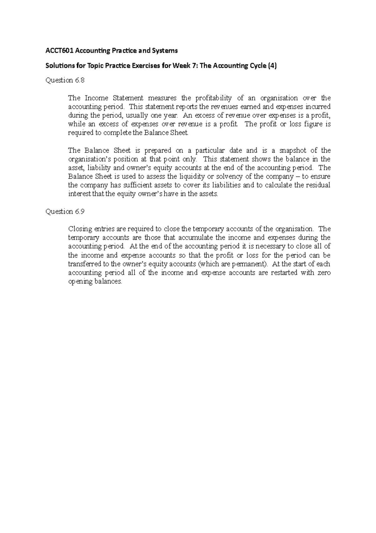 Week 7 Tutorial - ACCT601 Accounting Practice and Systems Solutions for ...