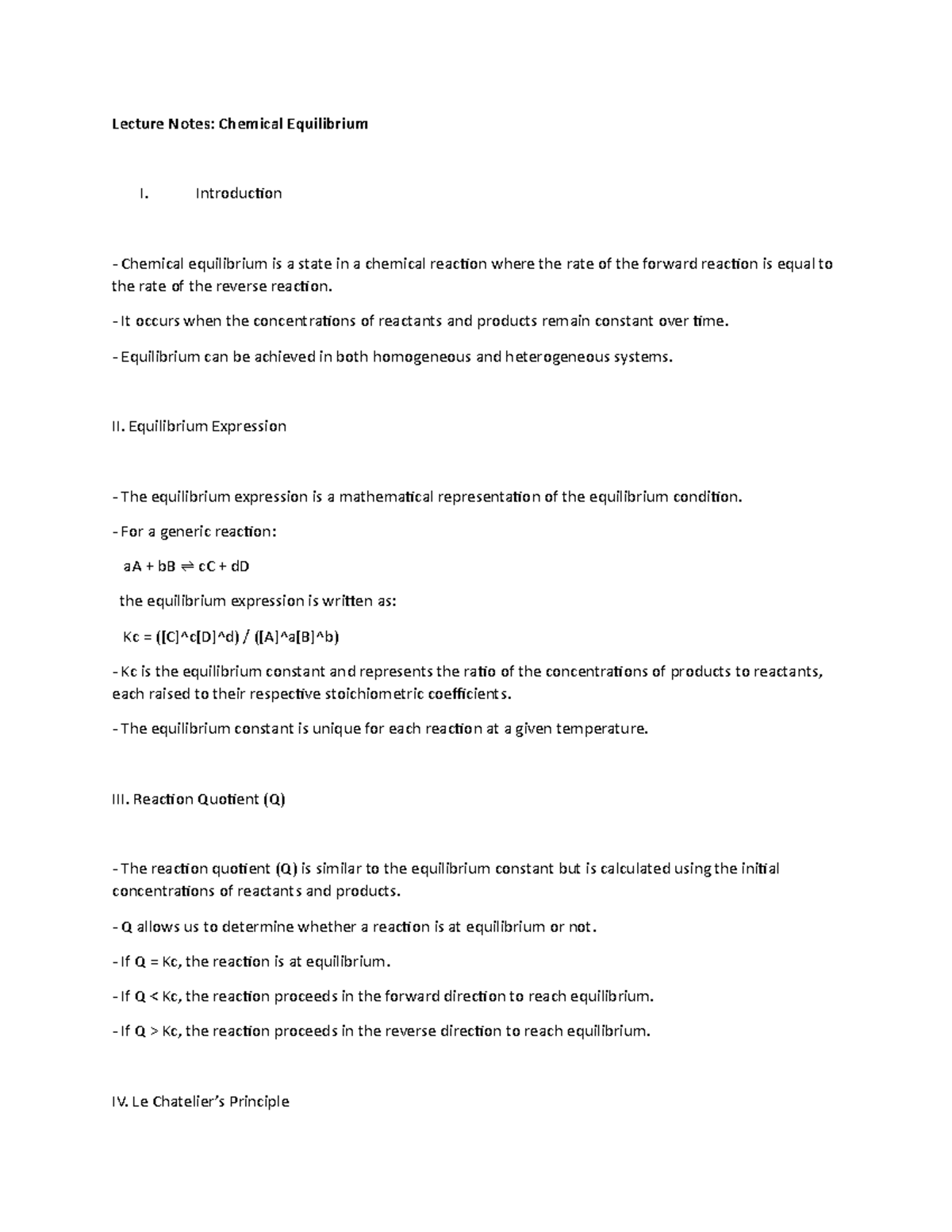 Lecture Notes: Chemical Equilibrium - Introduction Chemical equilibrium ...