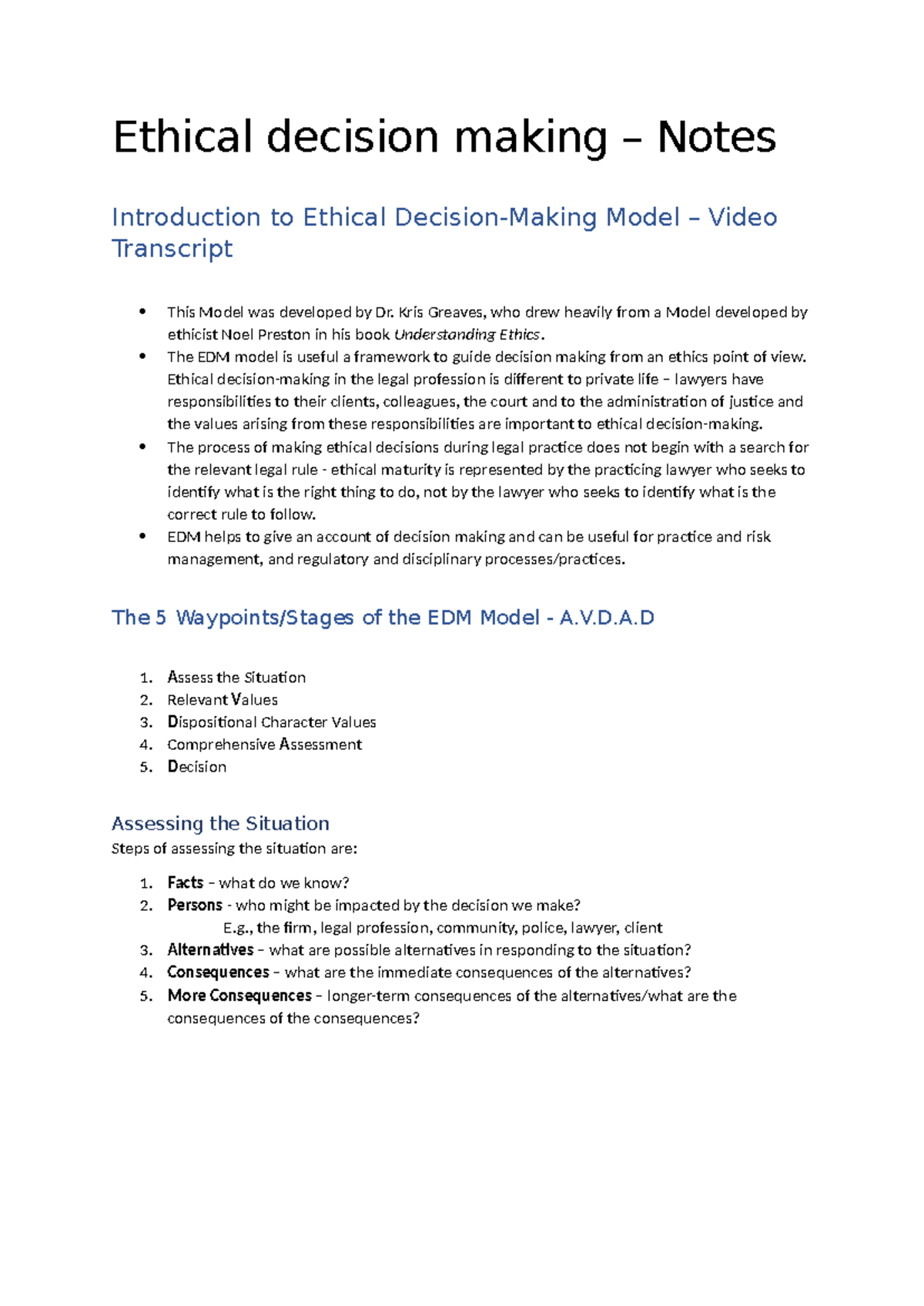 1. Ethical decision making - Notes - Ethical decision making – Notes ...