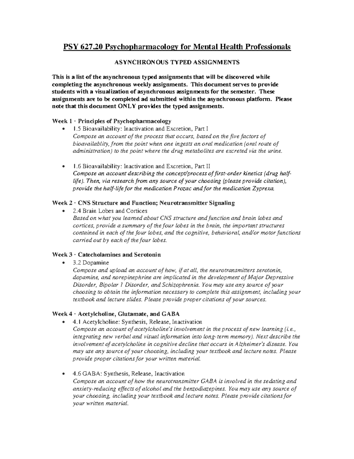 Psy 627 asynchronous assignments - PSY 627 Psychopharmacology for Mental Health Professionals ...