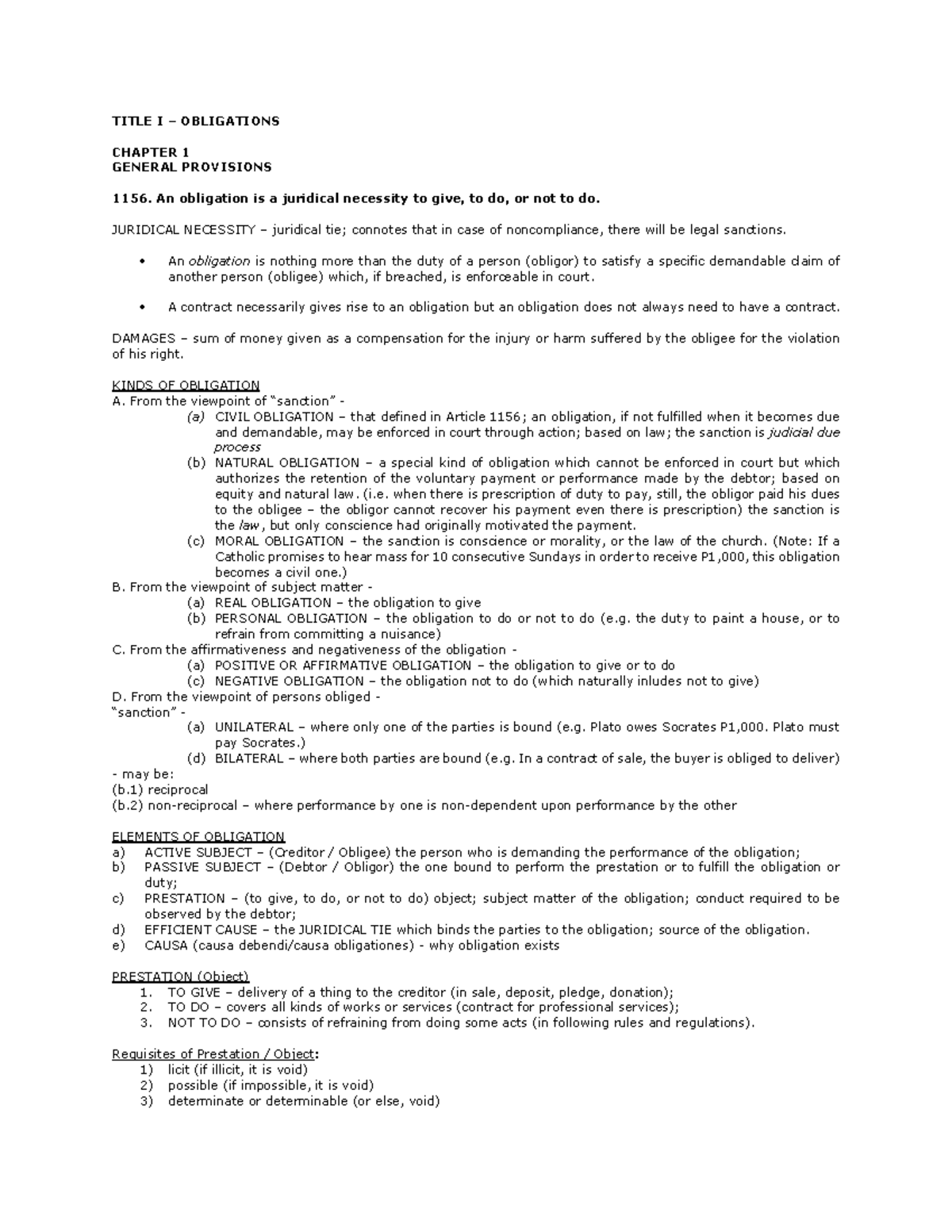 Oblicon-Notes-C2S - notes - TITLE I – OBLIGATIONS CHAPTER 1 GENERAL ...