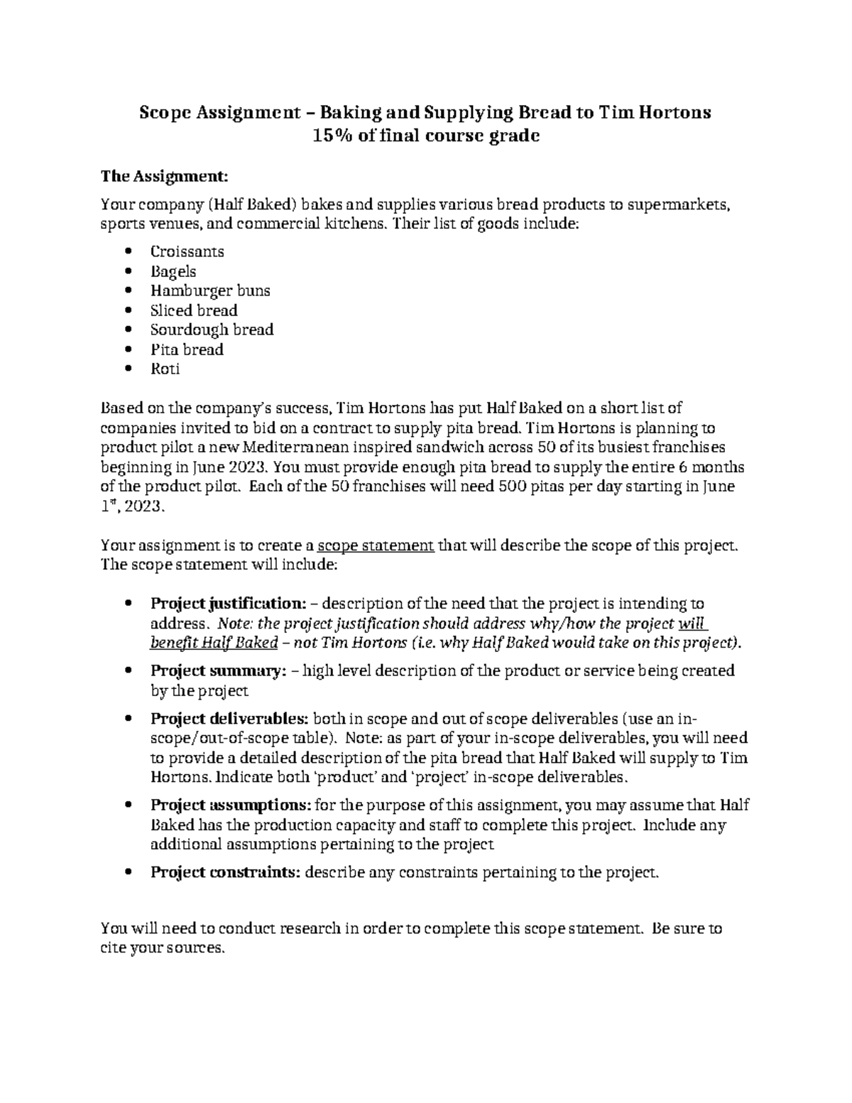 MGMT4015 Assignment 1 - Bakery Scope Statement S23 - Scope Assignment – Baking and Supplying ...