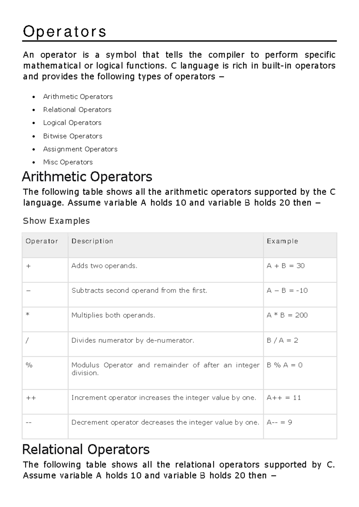 Operators - Operators An operator is a symbol that tells the compiler to perform specific - Studocu