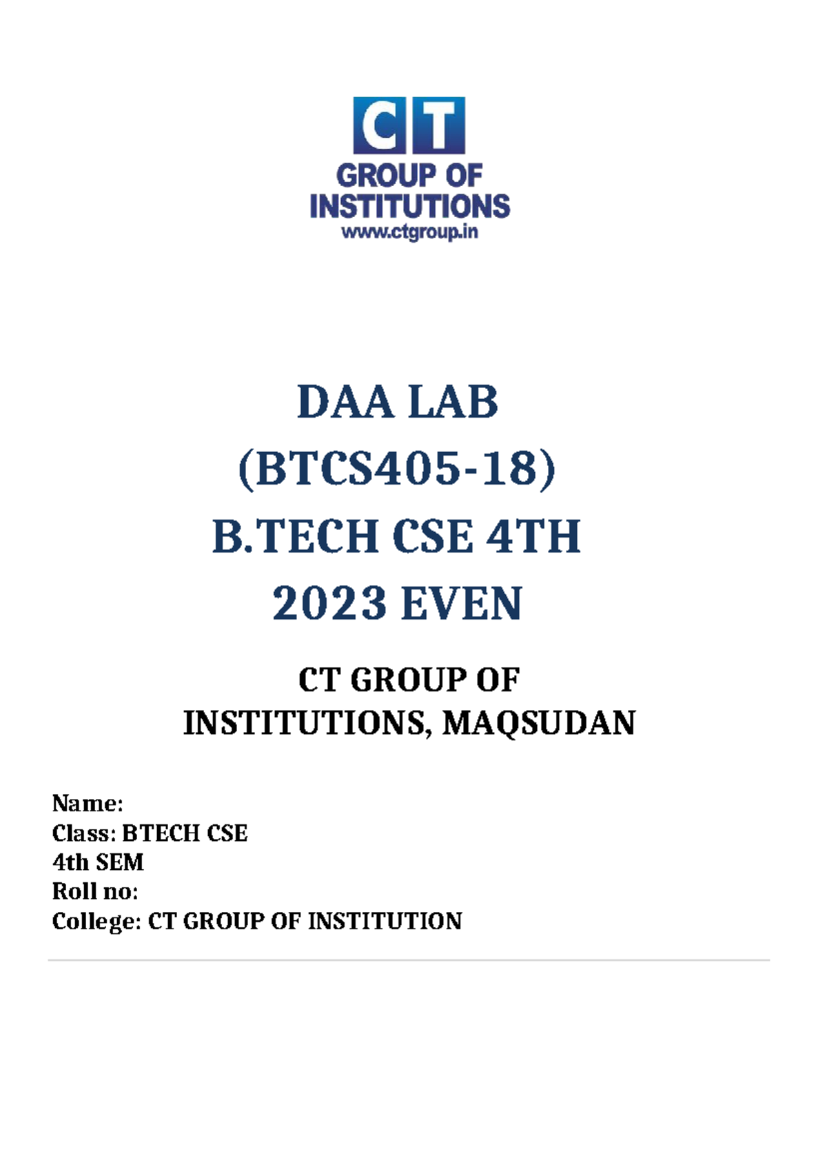 Index of DAA merged - file - DAA LAB (BTCS405-18) B CSE 4TH 2023 EVEN CT GROUP OF INSTITUTIONS ...
