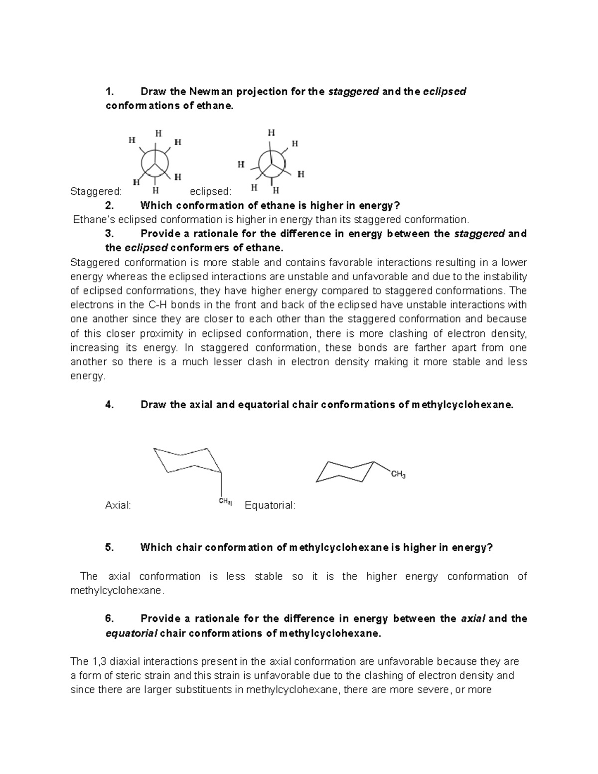 Chem 230L Prelab 3 - Draw the Newman projection for the staggered and ...