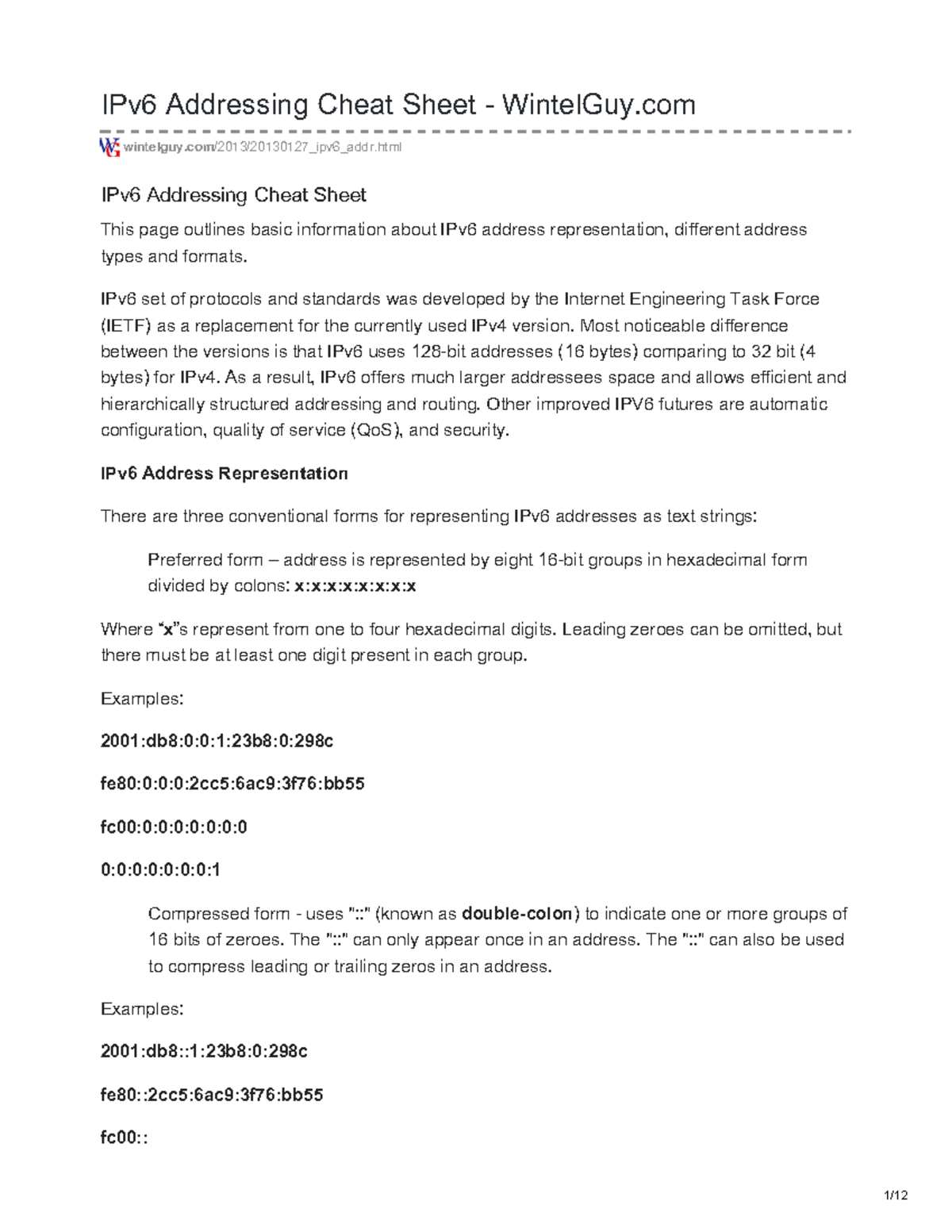 IPv6 Addressing Cheat Sheet - Wintel Guycom - IPv6 Addressing Cheat Sheet - WintelGuy - Studocu