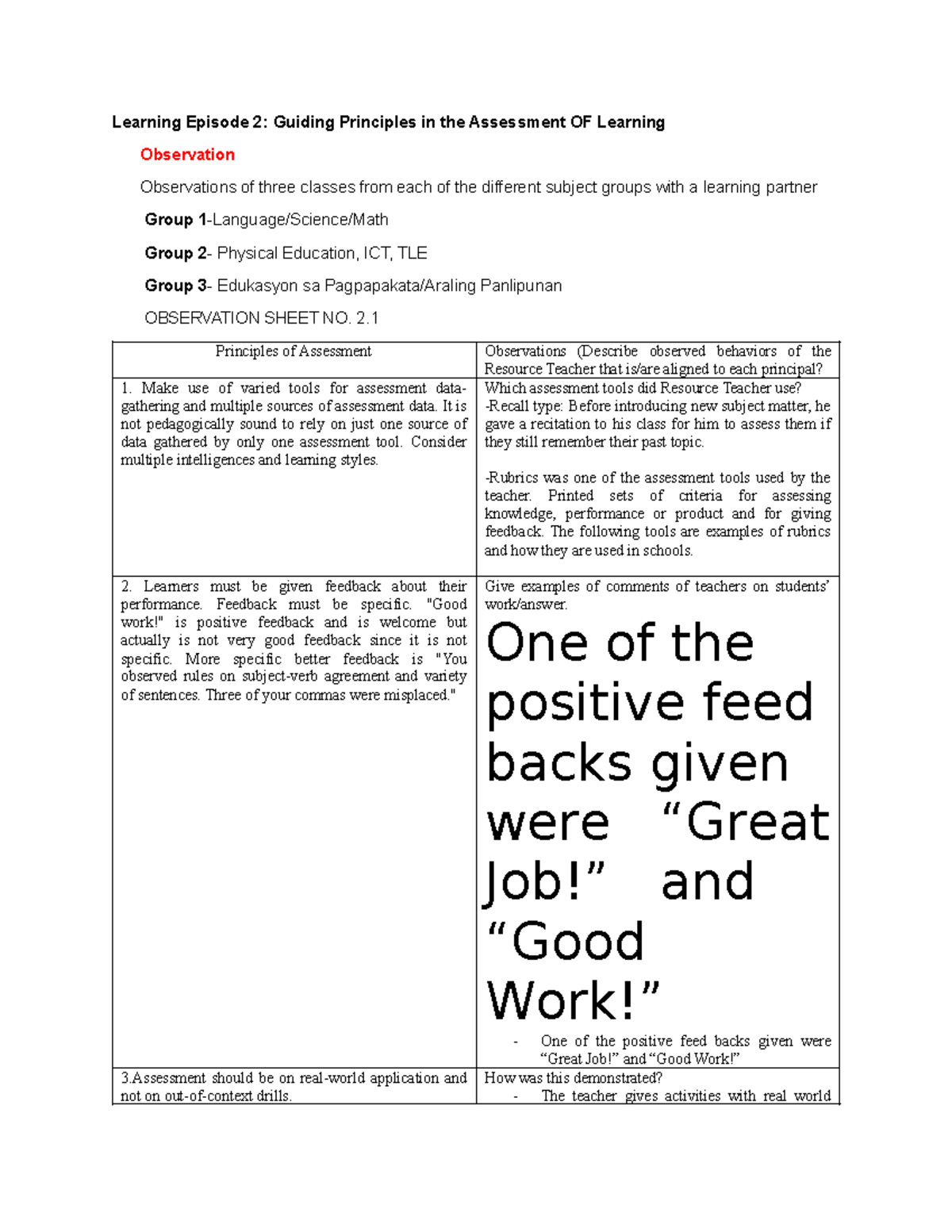 Learning Episode 2 - observation - Learning Episode 2: Guiding ...