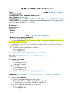 Problem-Solution Outline - CMST Persuasive Outline 1 PERSUASIVE SPEECH ...