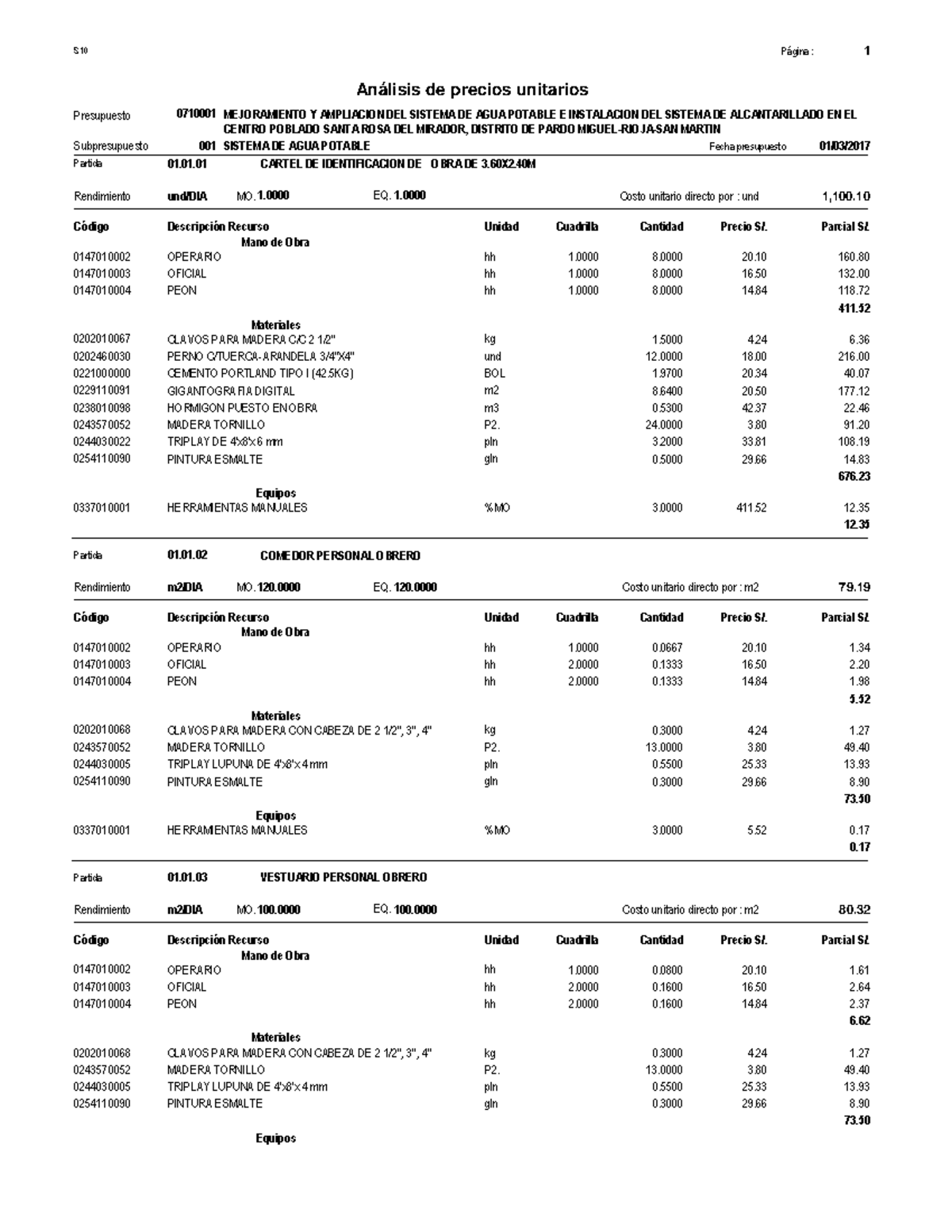 Agua Potable Y Alcantarillado Presupuesto 0710001 Mejoramiento Y