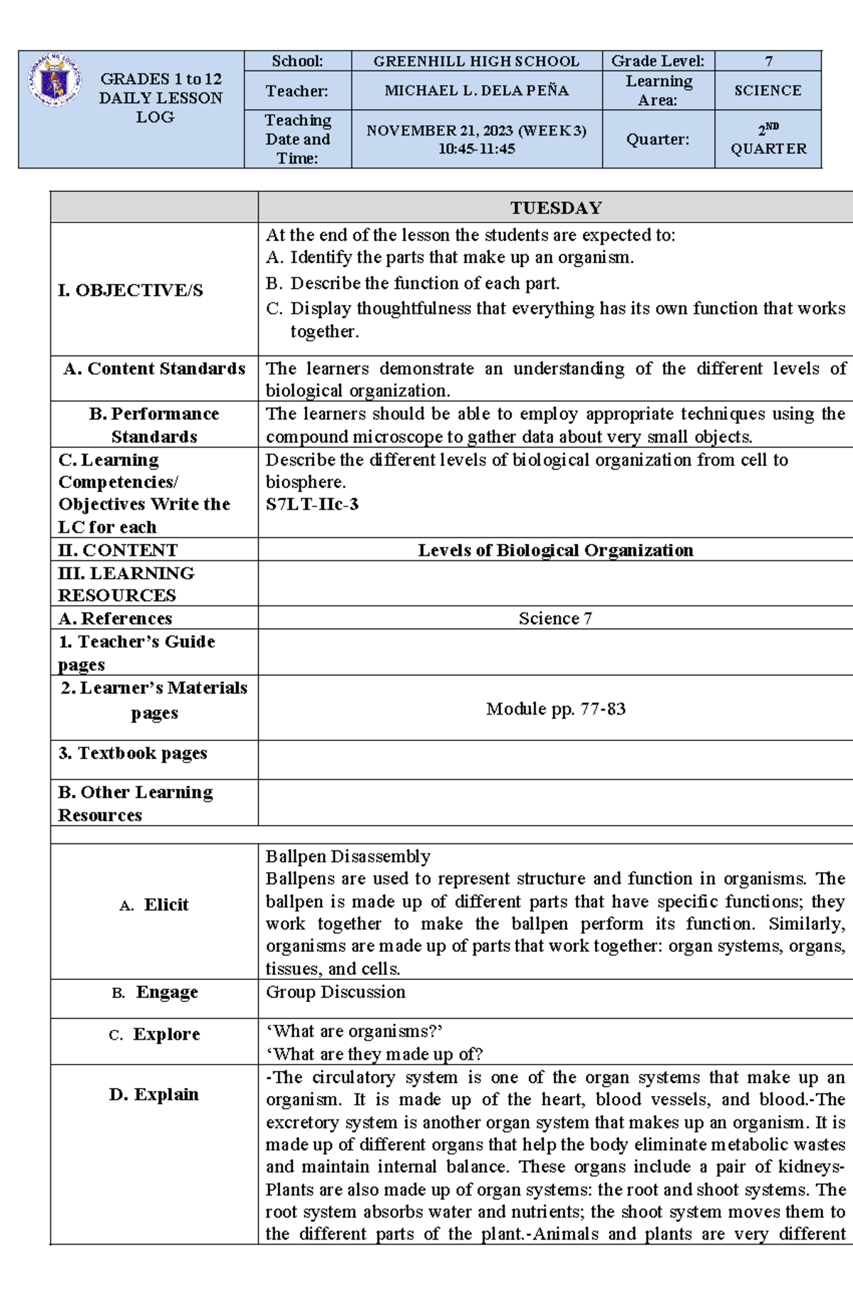 W3d2 - SCIENCE - GRADES 1 to 12 DAILY LESSON LOG School: GREENHILL HIGH ...