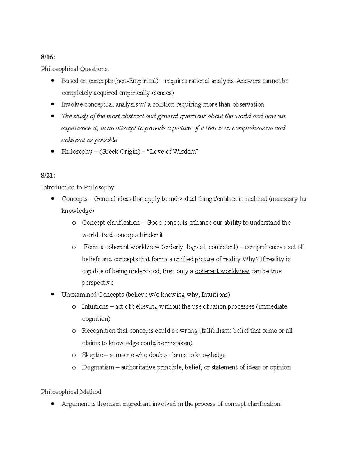 Philosophy Notes - ... - 8/16: Philosophical Questions: Based on ...