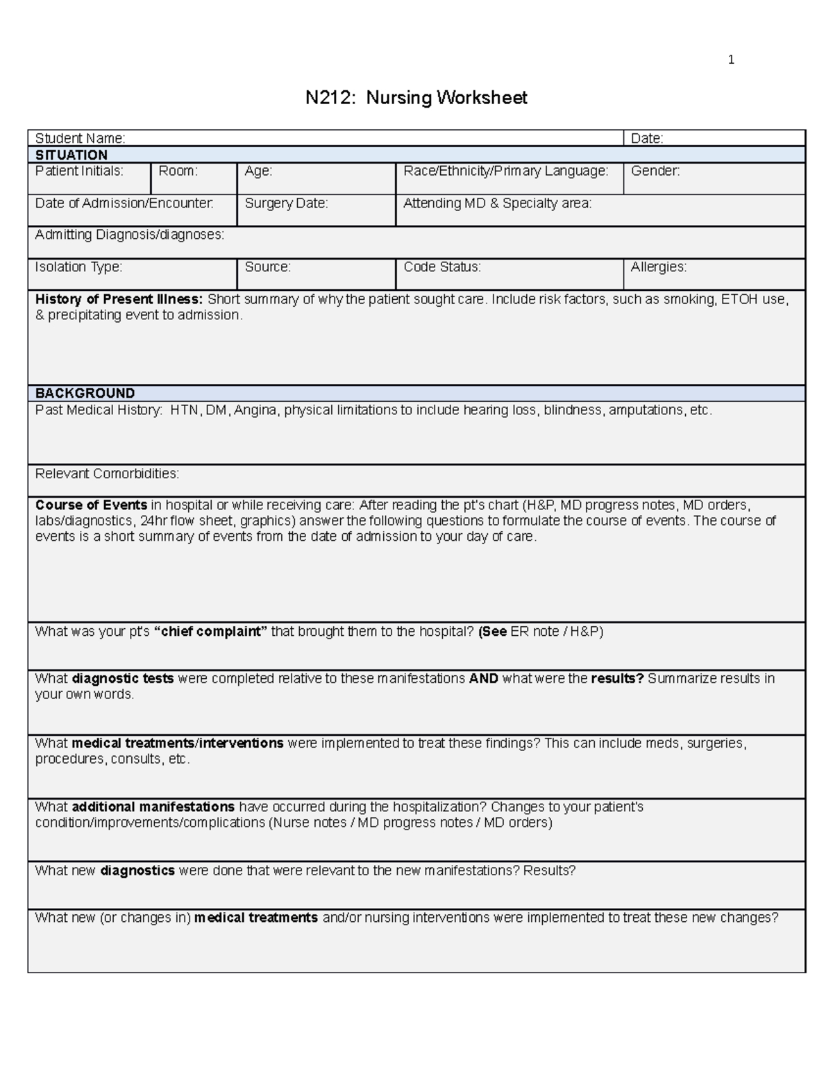Week 6 N212 Clinical Forms - N212: Nursing Worksheet Student Name: Date ...
