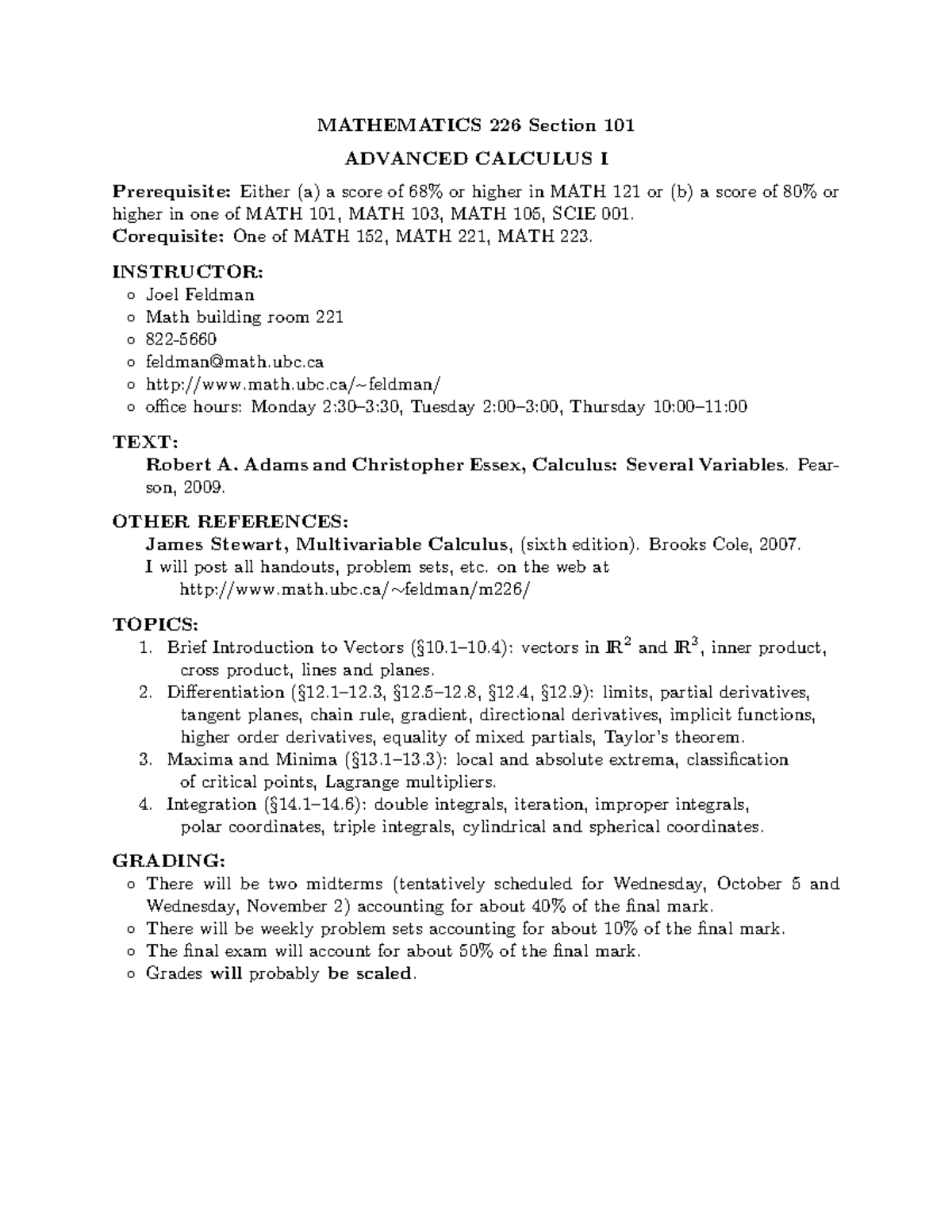 M226outline - This is a course outline. - MATH 226 - UBC - Studocu