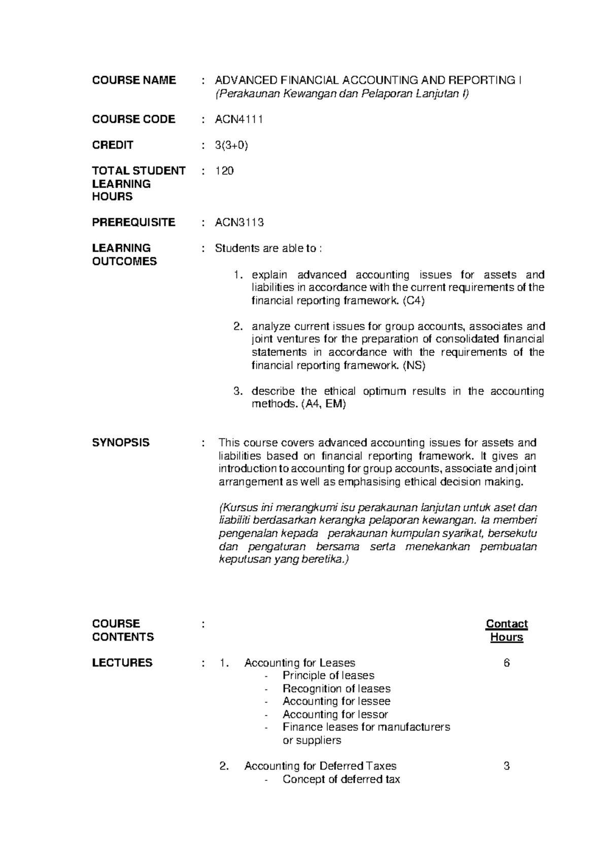 Summaries of course outline - COURSE NAME : ADVANCED FINANCIAL ...