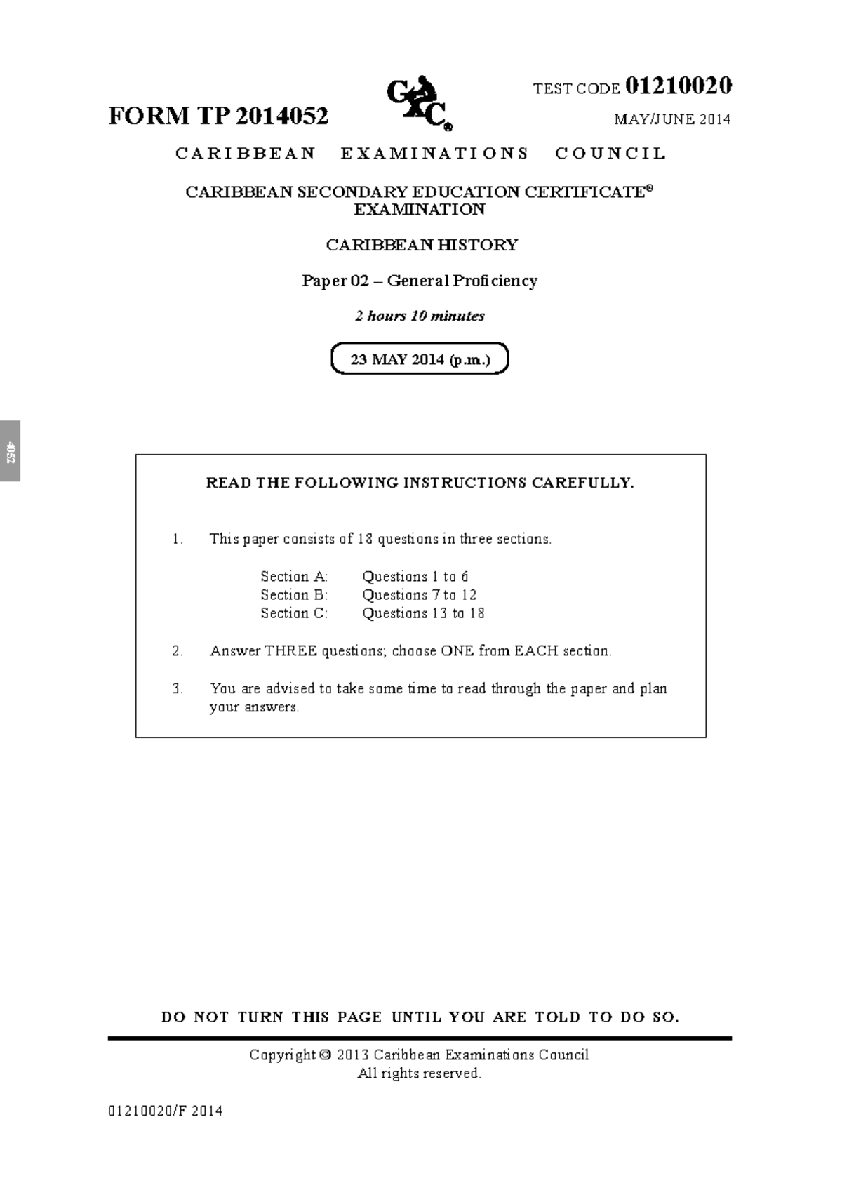CSEC Caribbean History June 2014 P2 - TEST CODE 01210020 FORM TP ...