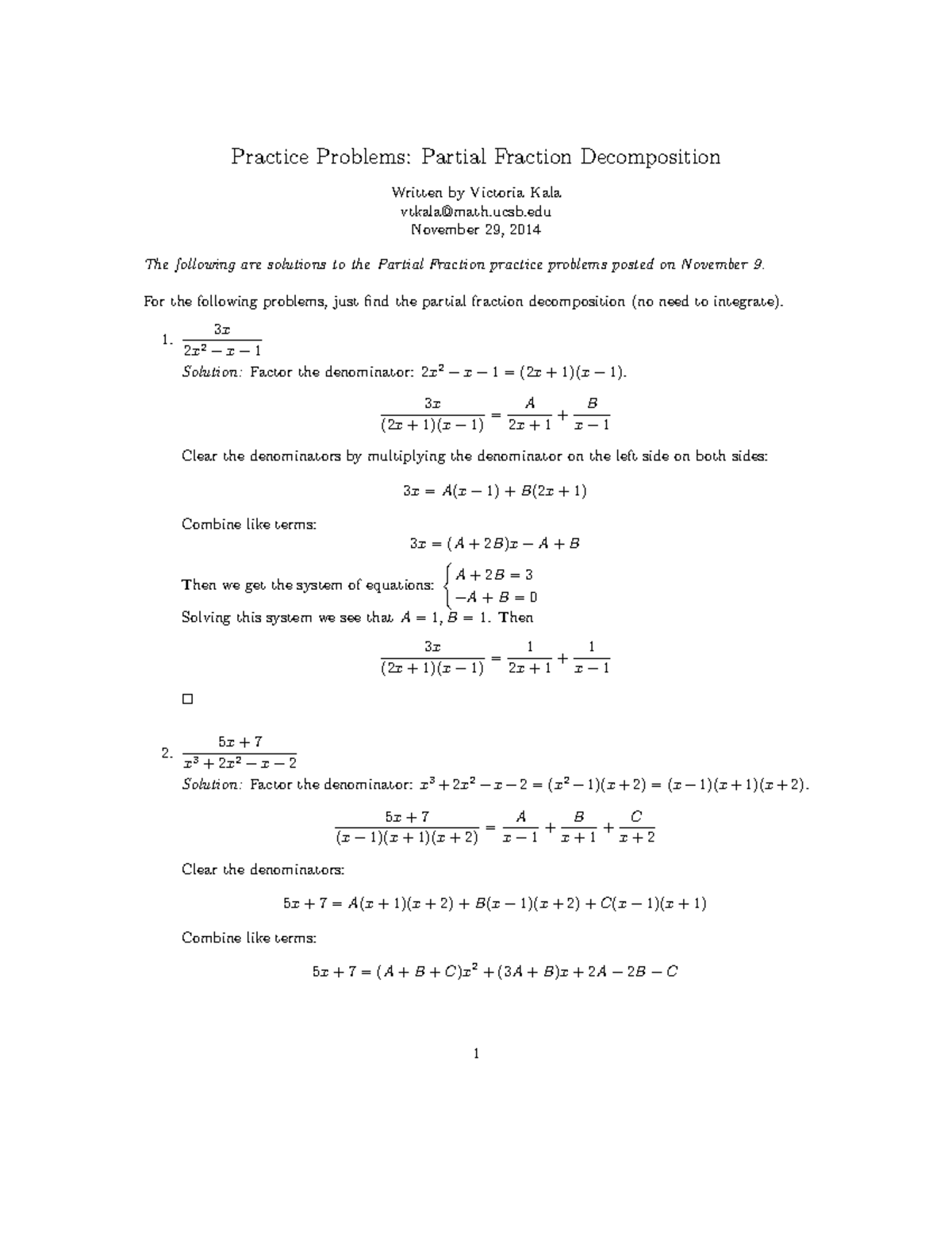 Math3B-Partial Fractions-Solutions - Practice Problems: Partial Fraction Decomposition Written ...