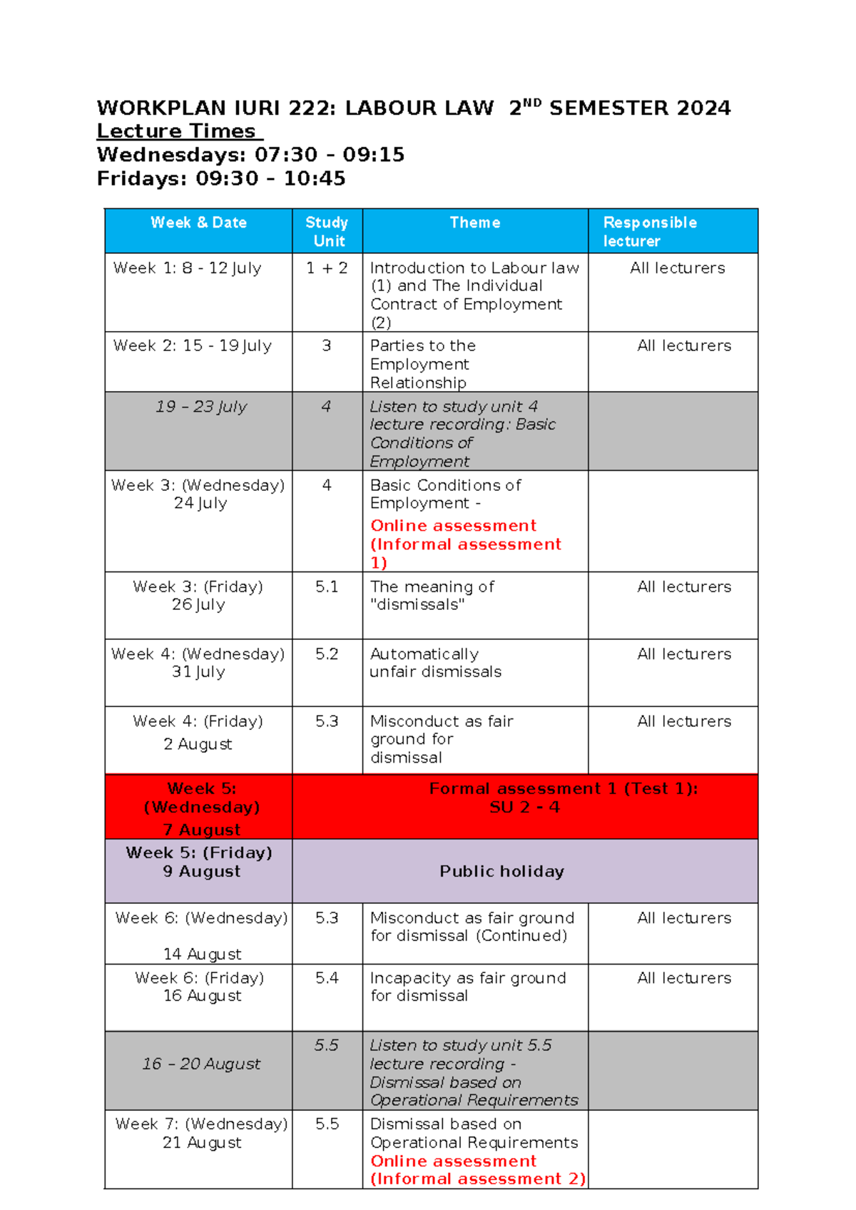 IURI 222 Semester plan 2024 - WORKPLAN IURI 222: LABOUR LAW 2 ND ...