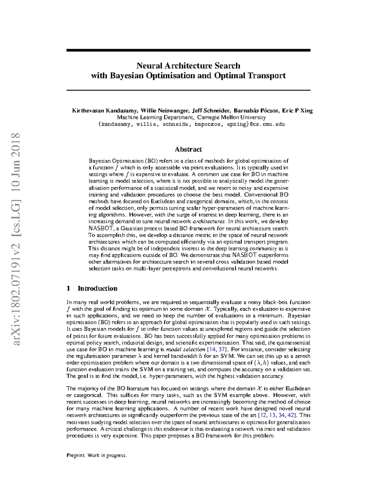 Neural Architecture Searchwith Bayesian Optimisation And Optimal Transport Cmu Abstract
