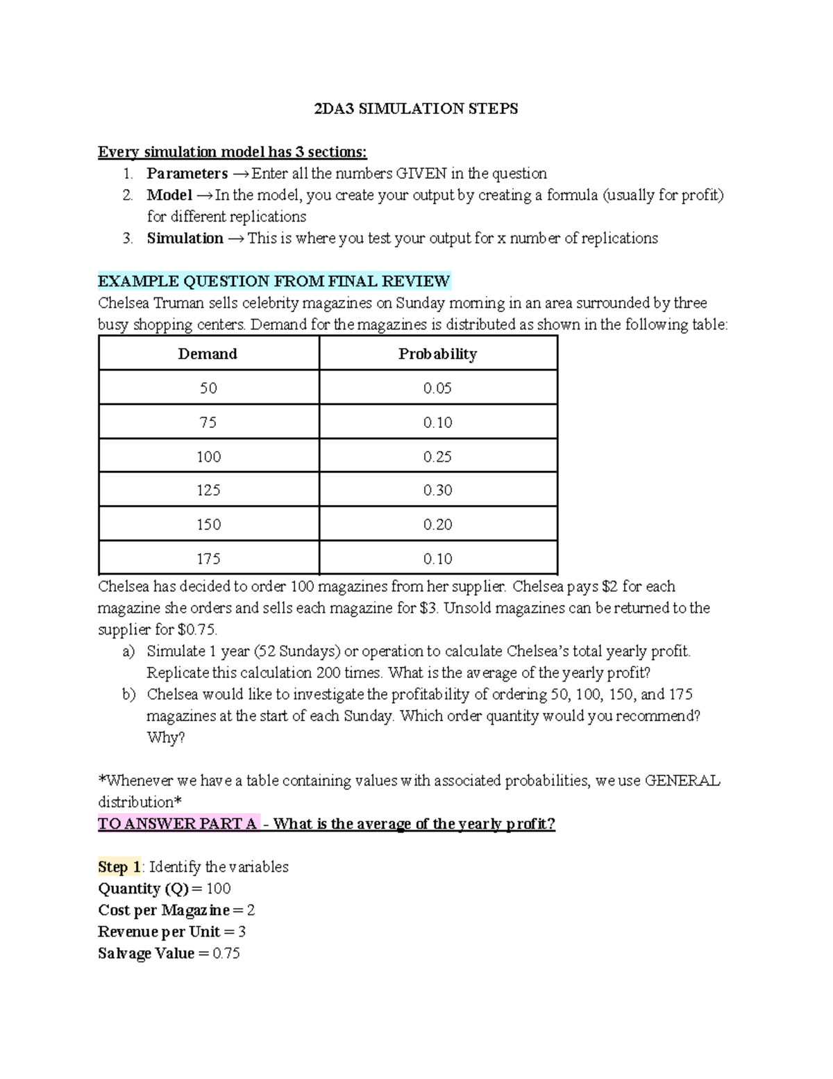 2DA3 Simulation Steps - 2DA3 SIMULATION STEPS Every simulation model ...