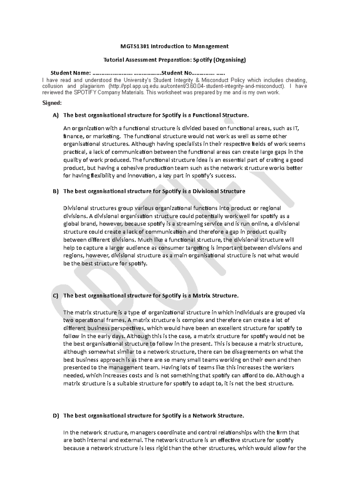 Organising Tutorial Preparation - MGTS1301 Introduction to Management ...
