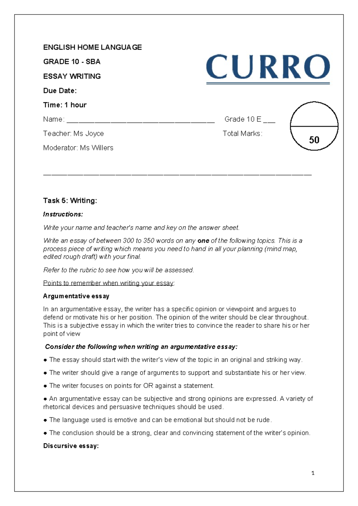 Gr 10 essay task T2 - ENGLISH HOME LANGUAGE GRADE 10 - SBA ESSAY ...