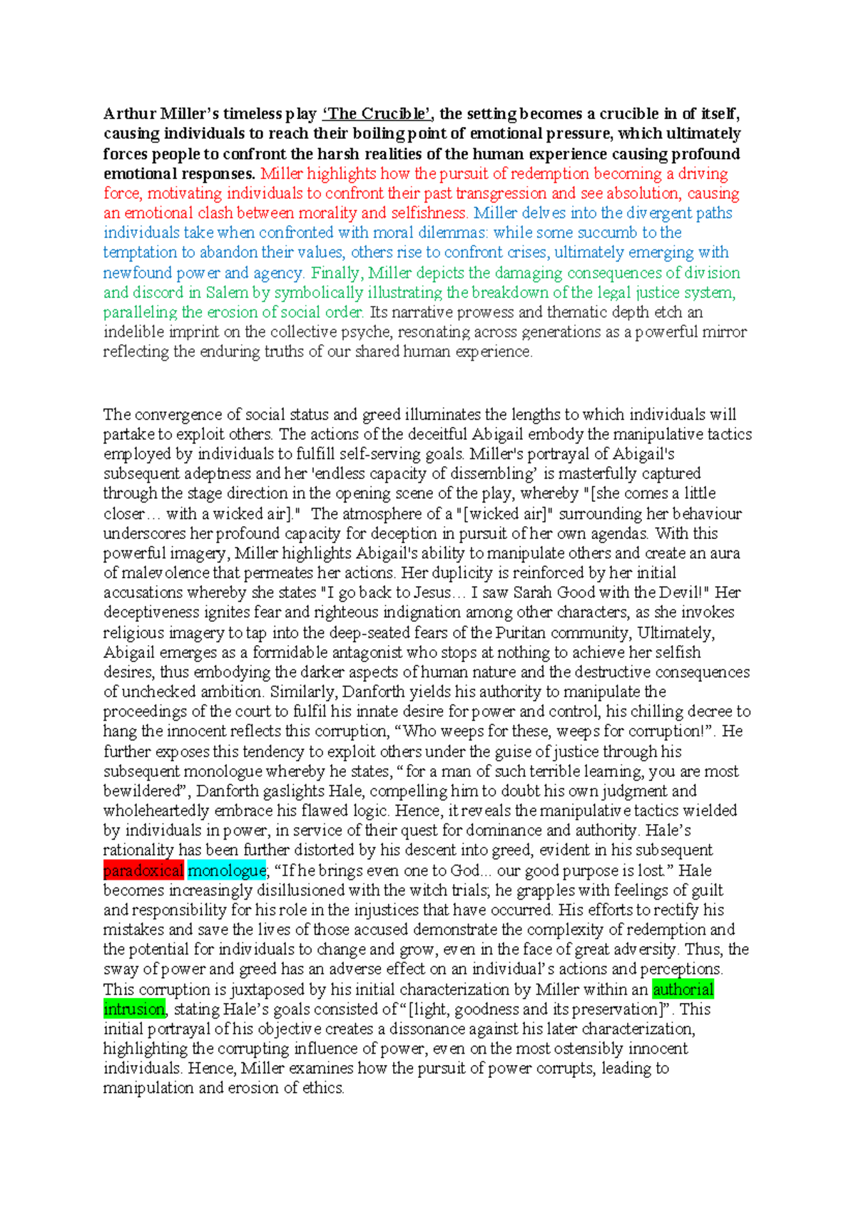Common Module Crucible Essay - Advanced - Arthur Miller’s timeless play ...