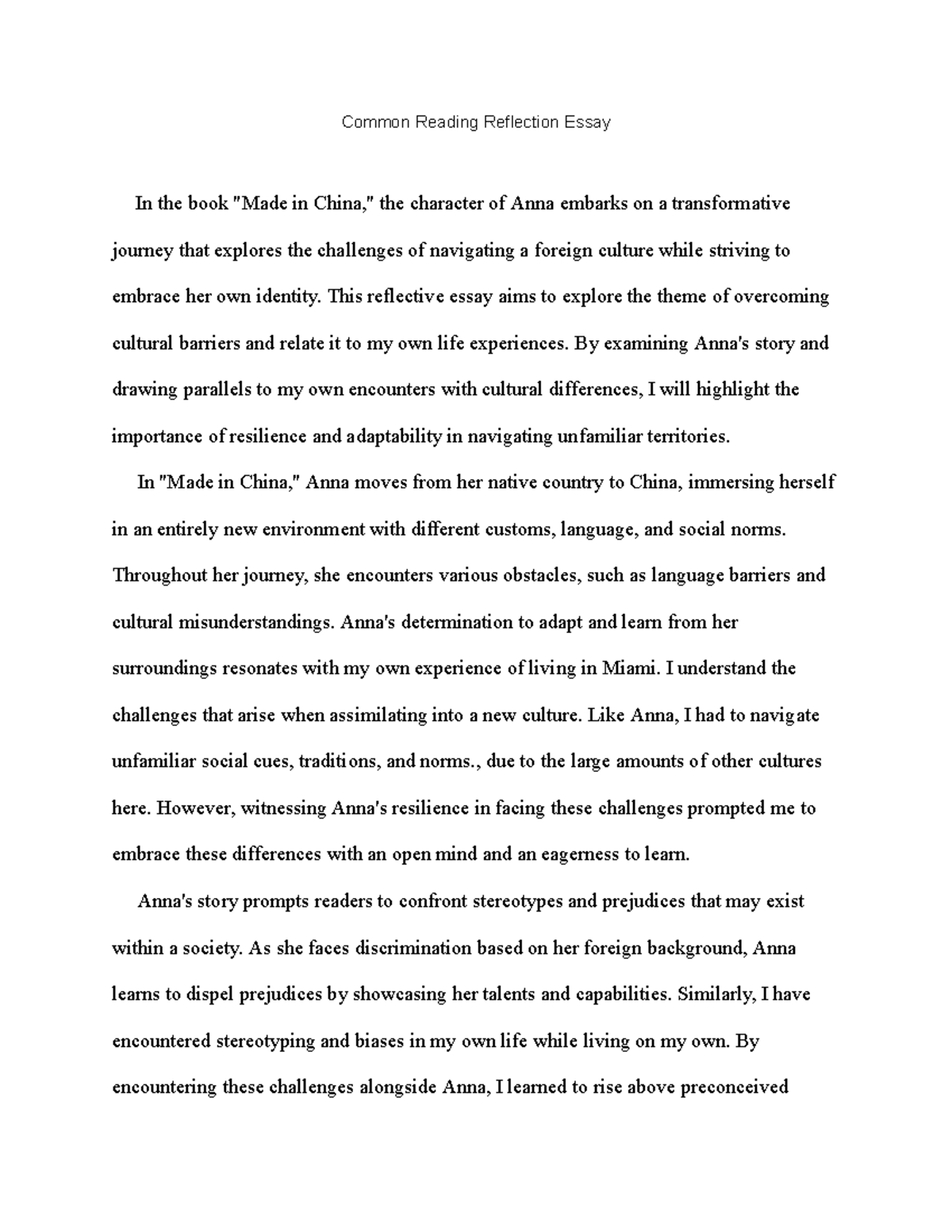 Reflection Essay SLS - Common Reading Reflection Essay In the book ...