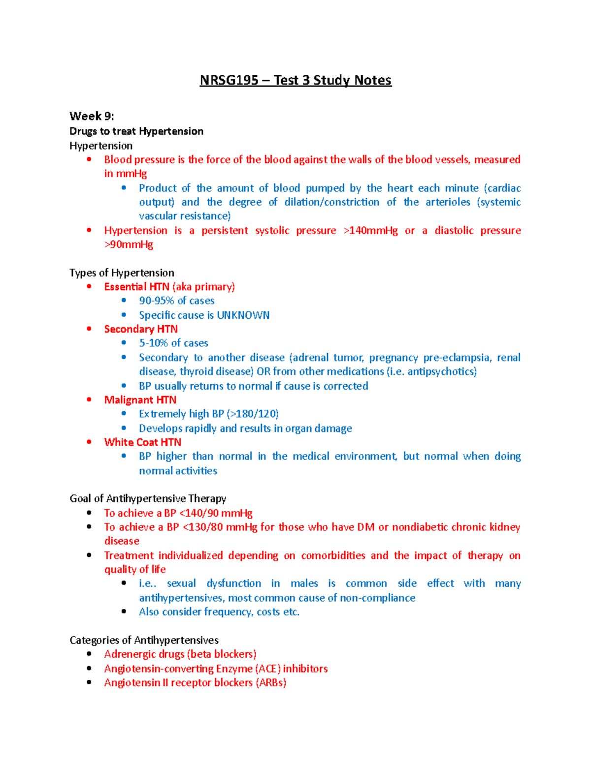 NRSG195 – Test 3 Study Notes - NRSG195 – Test 3 Study Notes Week 9 ...