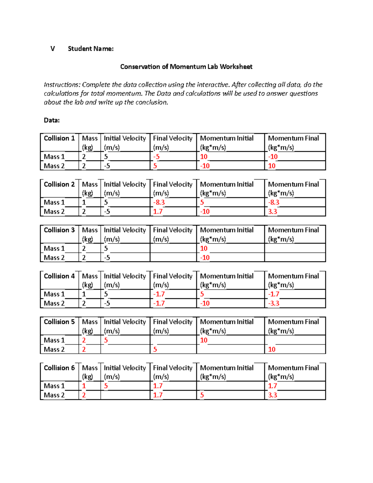 03 08 labworksheet - maybe a physics worksheet - V Student Name ...