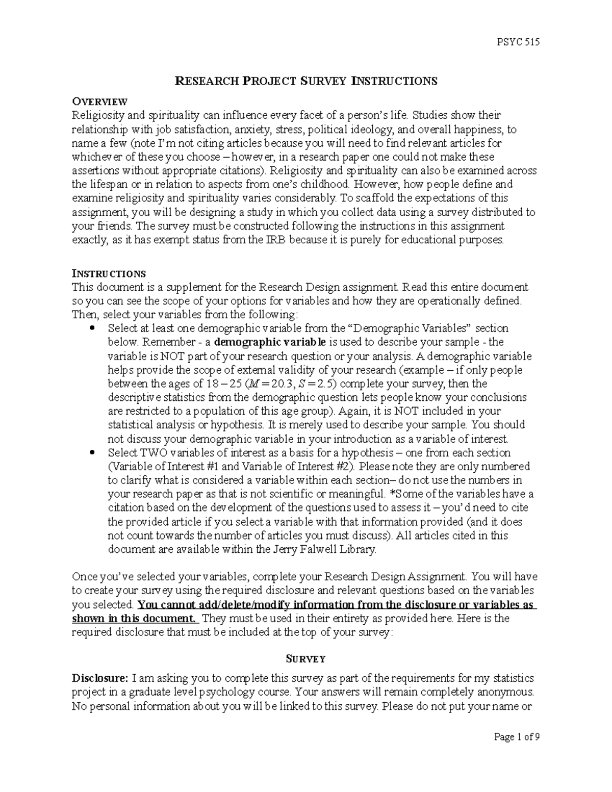 Research Project Survey Instructions - RESEARCH PROJECT SURVEY ...