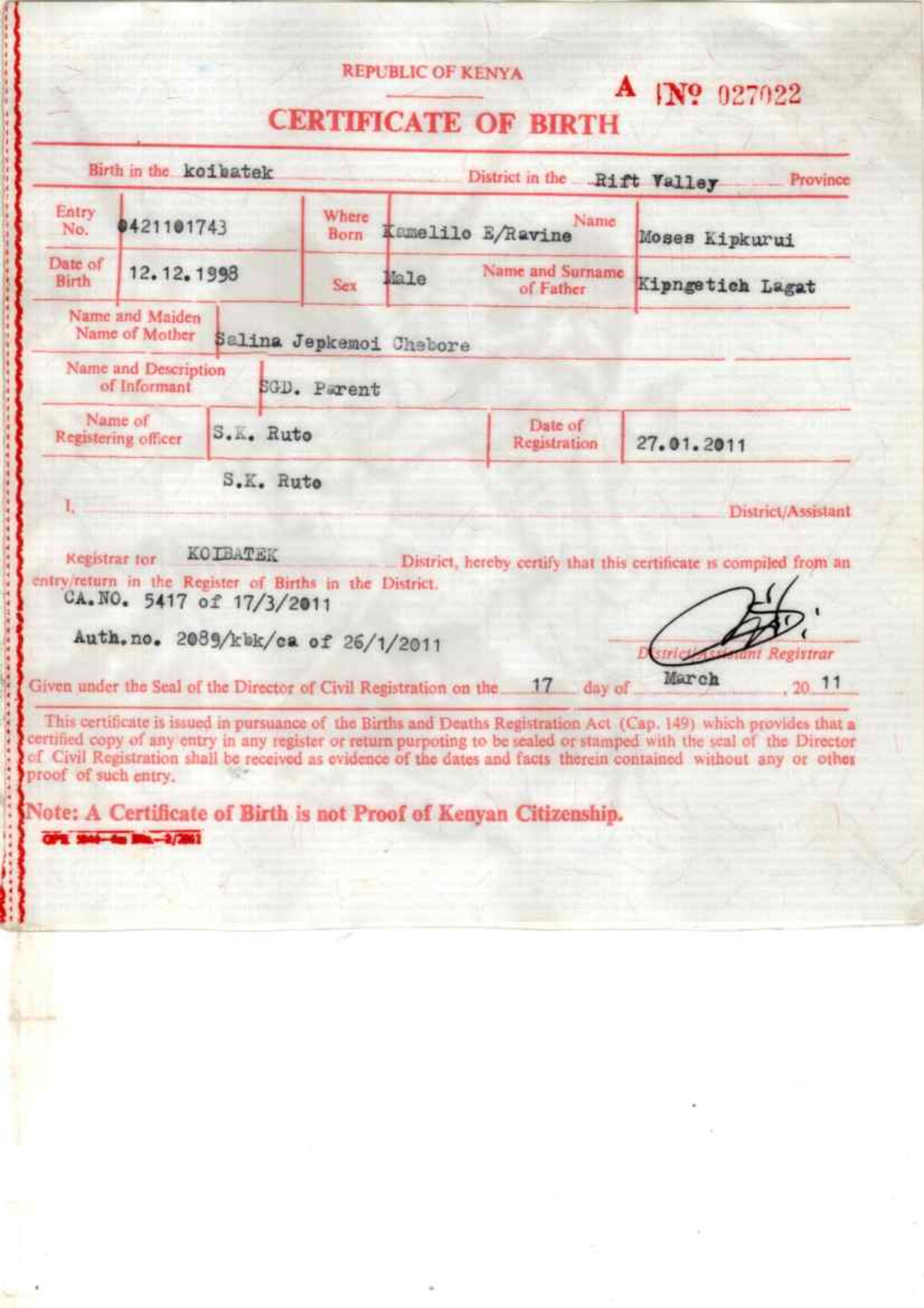 Birth certificate and ids20240524 12232317 - REPUBLIC OF KENYA A INo ...