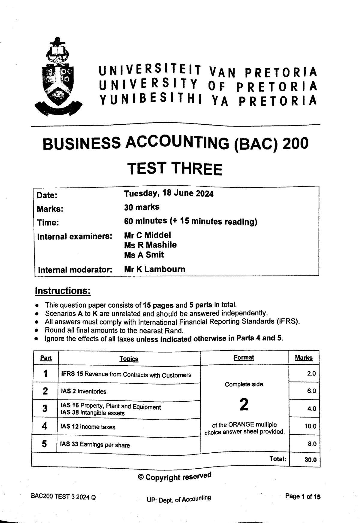 BAC 200 Test 3 2024 - UNIVERSITEIT VAN PRETORIA UNIVERSITY OF PRETORIA ...