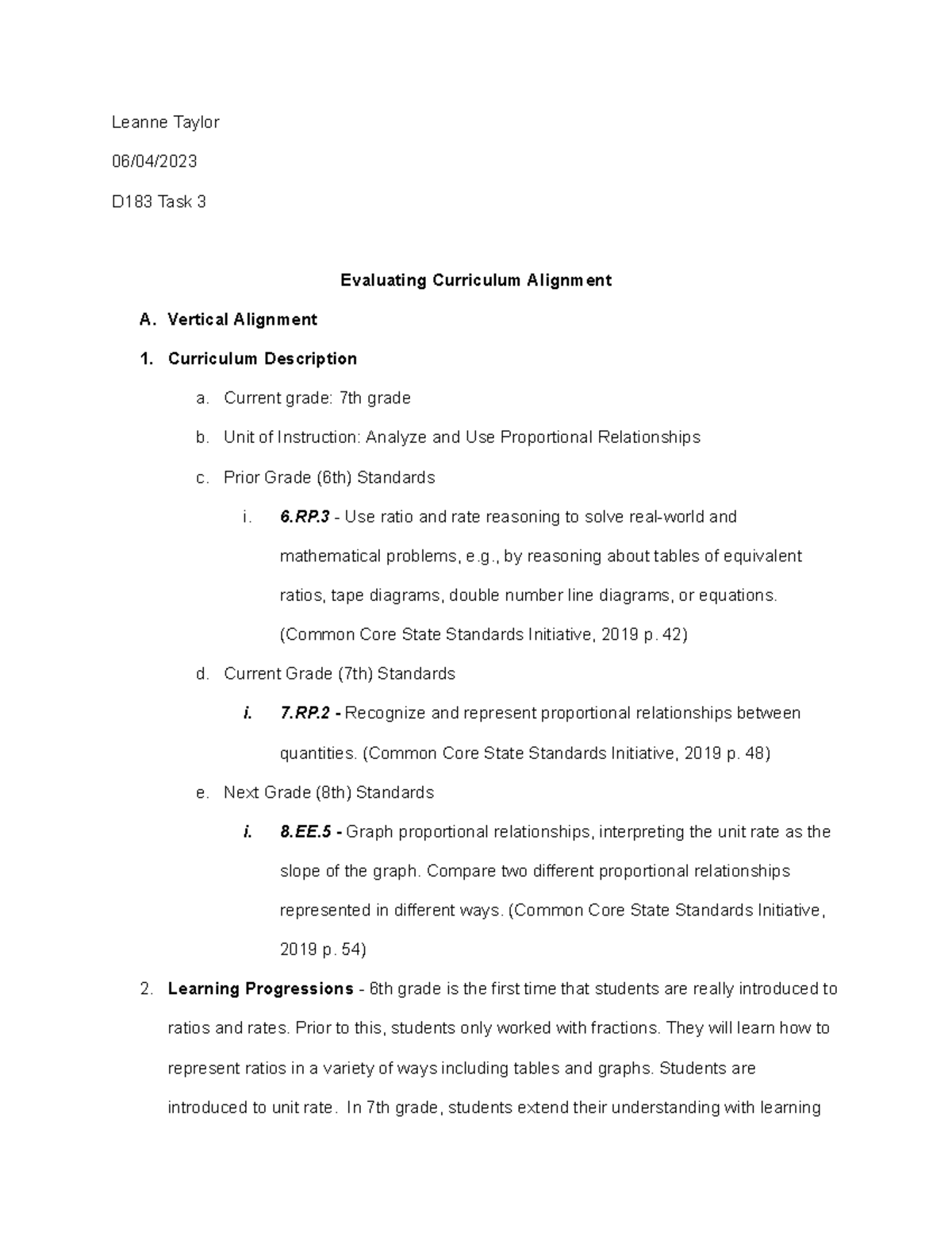 D183 Task 3 - passed - Leanne Taylor 06/04/ D183 Task 3 Evaluating Curriculum Alignment A ...