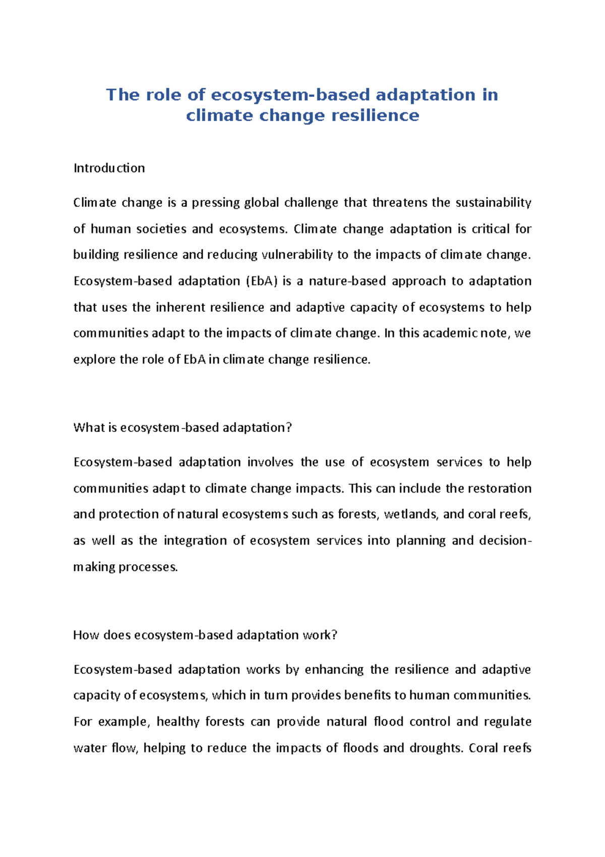 The role of ecosystem-based adaptation in climate change resilience ...