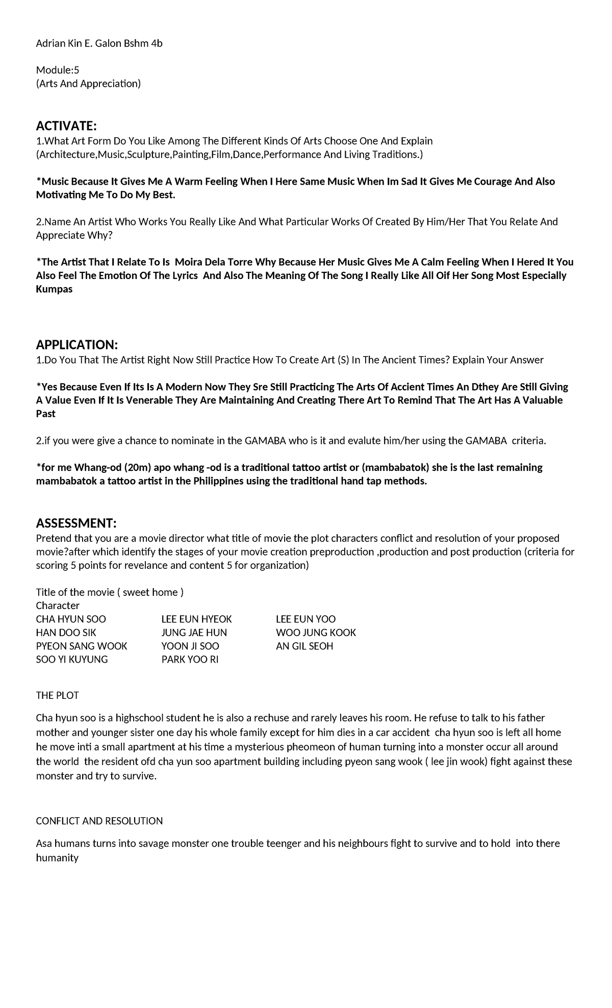 Arts and appreciation - none - Adrian Kin E. Galon Bshm 4b Module ...