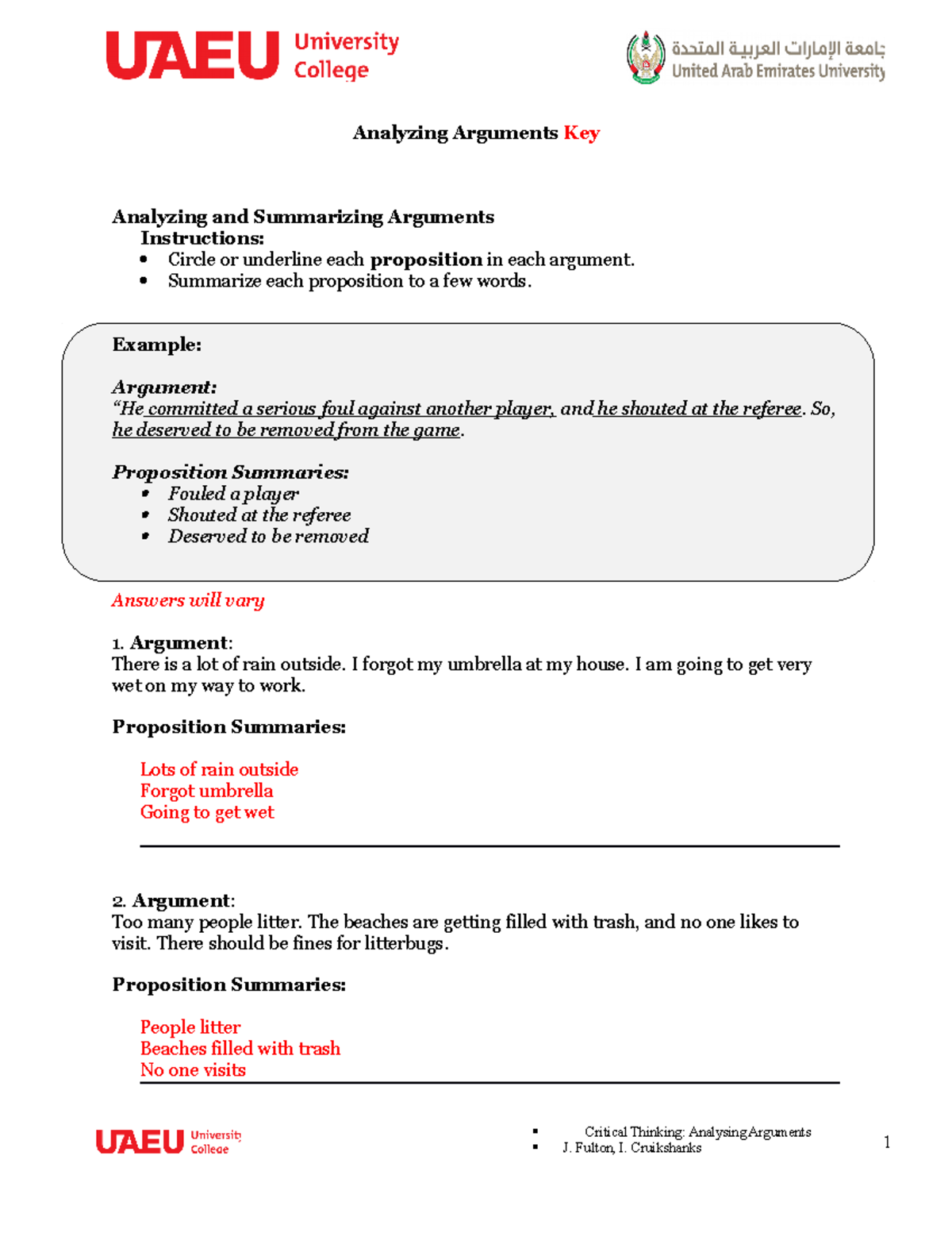 W11 Analysing Arguments KEY - Analyzing Arguments Key Analyzing and Summarizing Arguments - Studocu