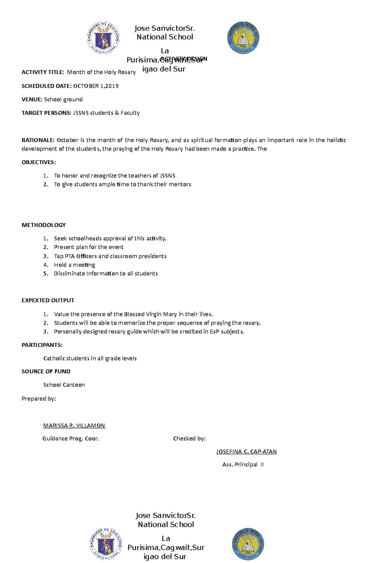 Activity Design Holy Rosary Month - ACTIVITY DESIGN ACTIVITY TITLE ...