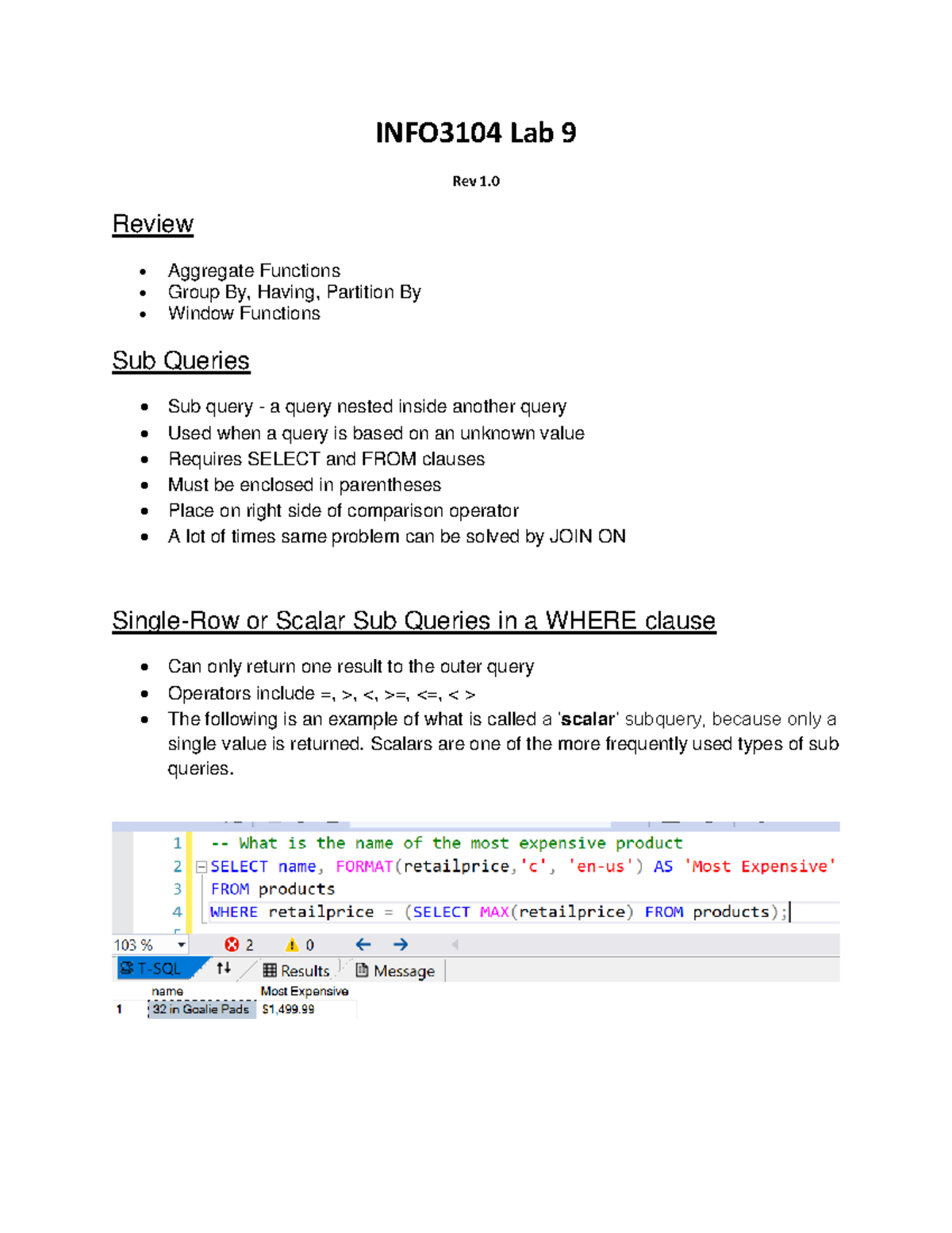 Week Eleven - Aggregation of SQL Data - INFO3104 Lab 9 Rev 1. Review • Aggregate Functions ...