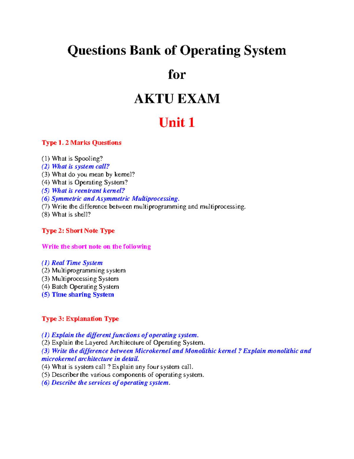 Questions Bank for Operating System - Questions Bank of Operating ...