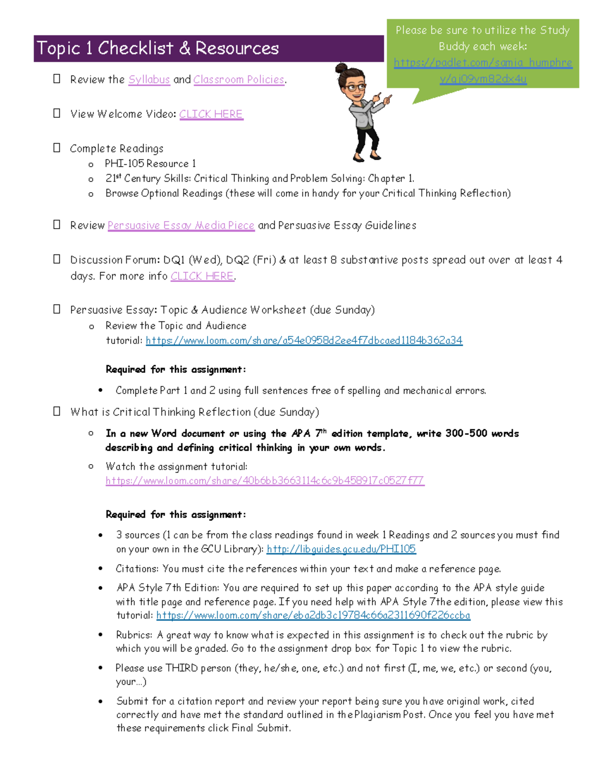 Topic 1 Checklist for each week of class - Topic 1 Checklist ...