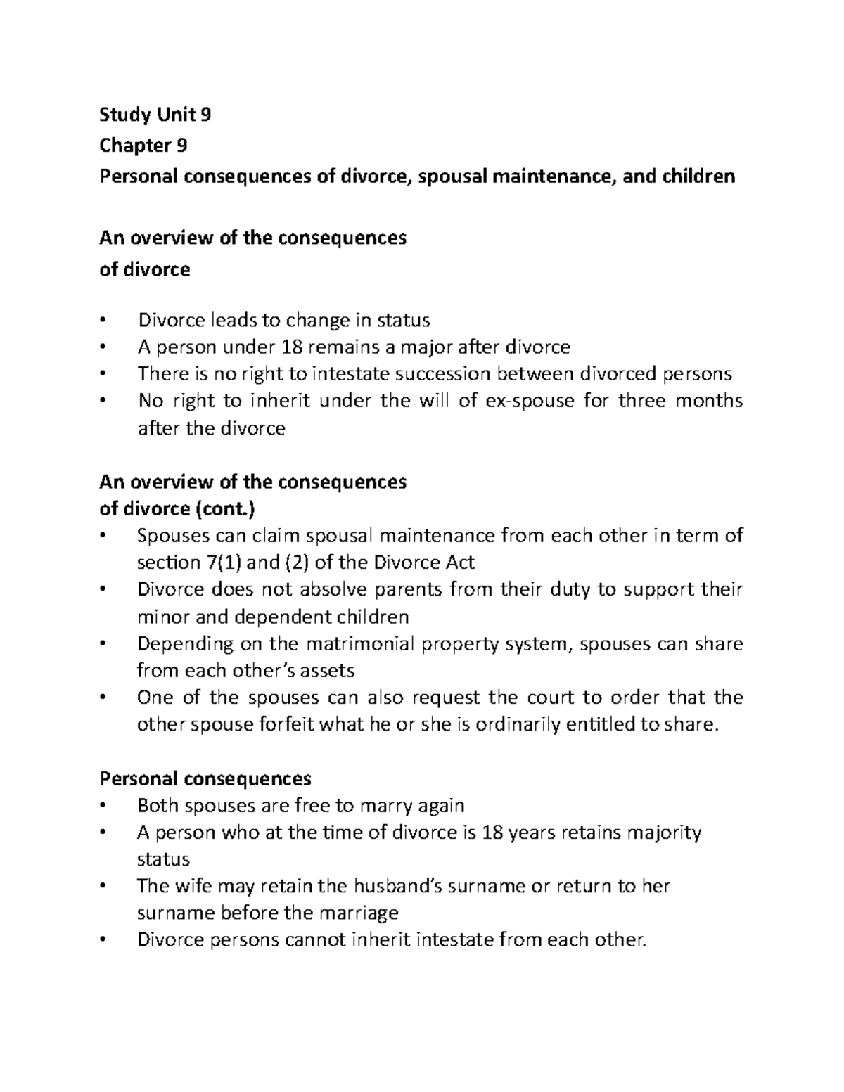 Study Unit 9 Ch 9 -Personal consequences of divorce - Study Unit 9 ...