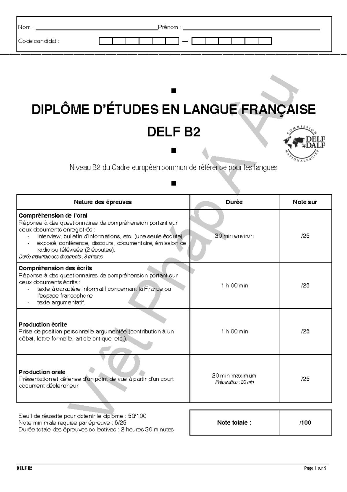 [đề 3] CO CE PE - examen delf b2 - Nom : Prénom :. Code candidat : — DIPLÔME D’ÉTUDES EN LANGUE ...