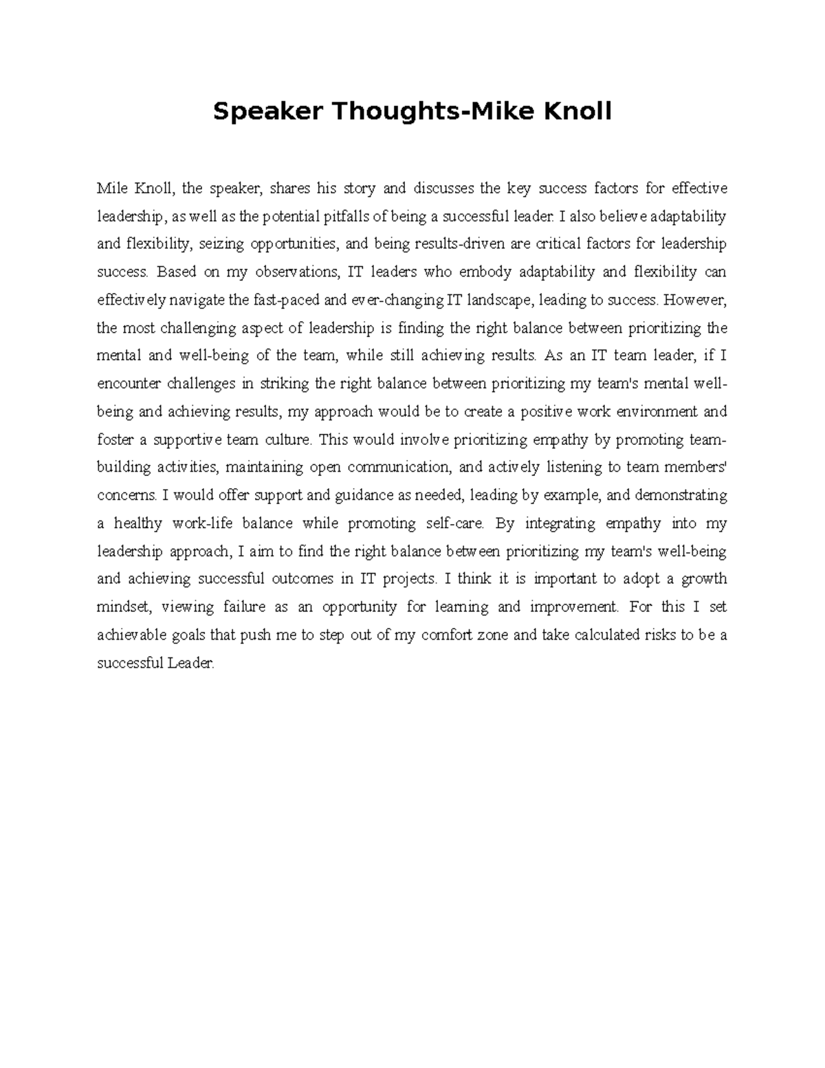 Mike Speaker Thoughts - Speaker Thoughts-Mike Knoll Mile Knoll, the ...