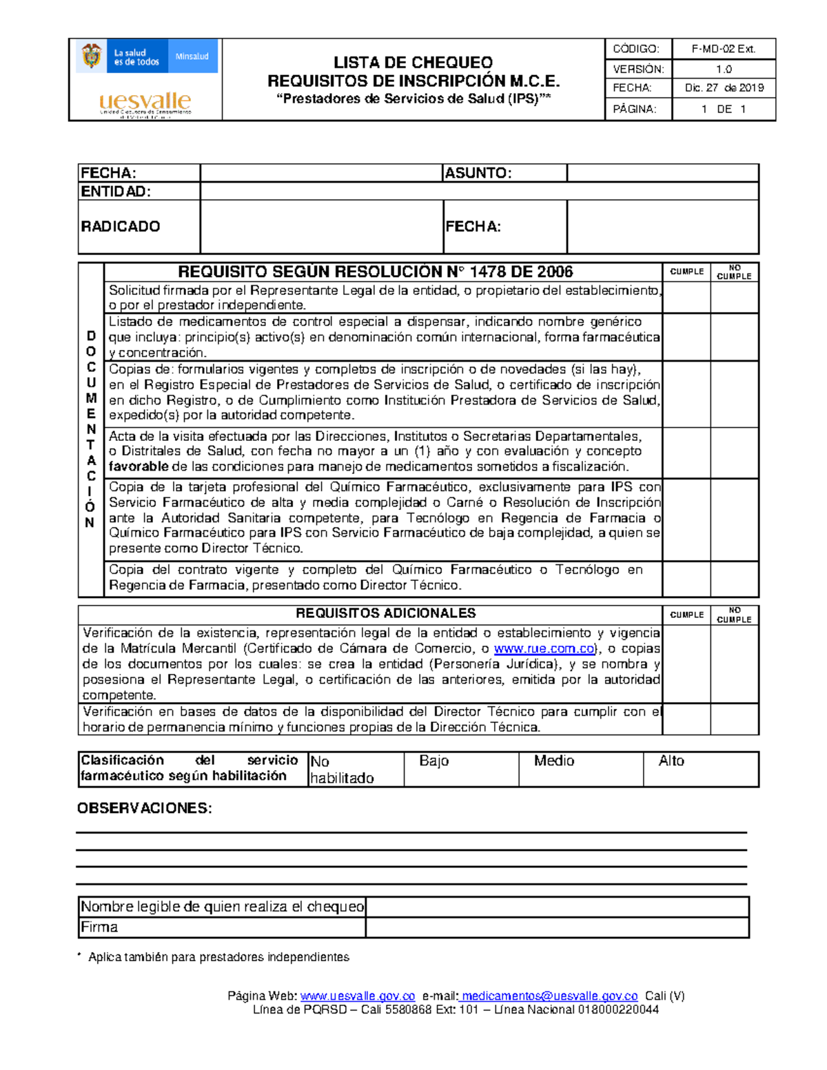 F-MD-02 Ext. Lista DE Chequeo Requisitos DE Inscripción IPS - LISTA DE ...