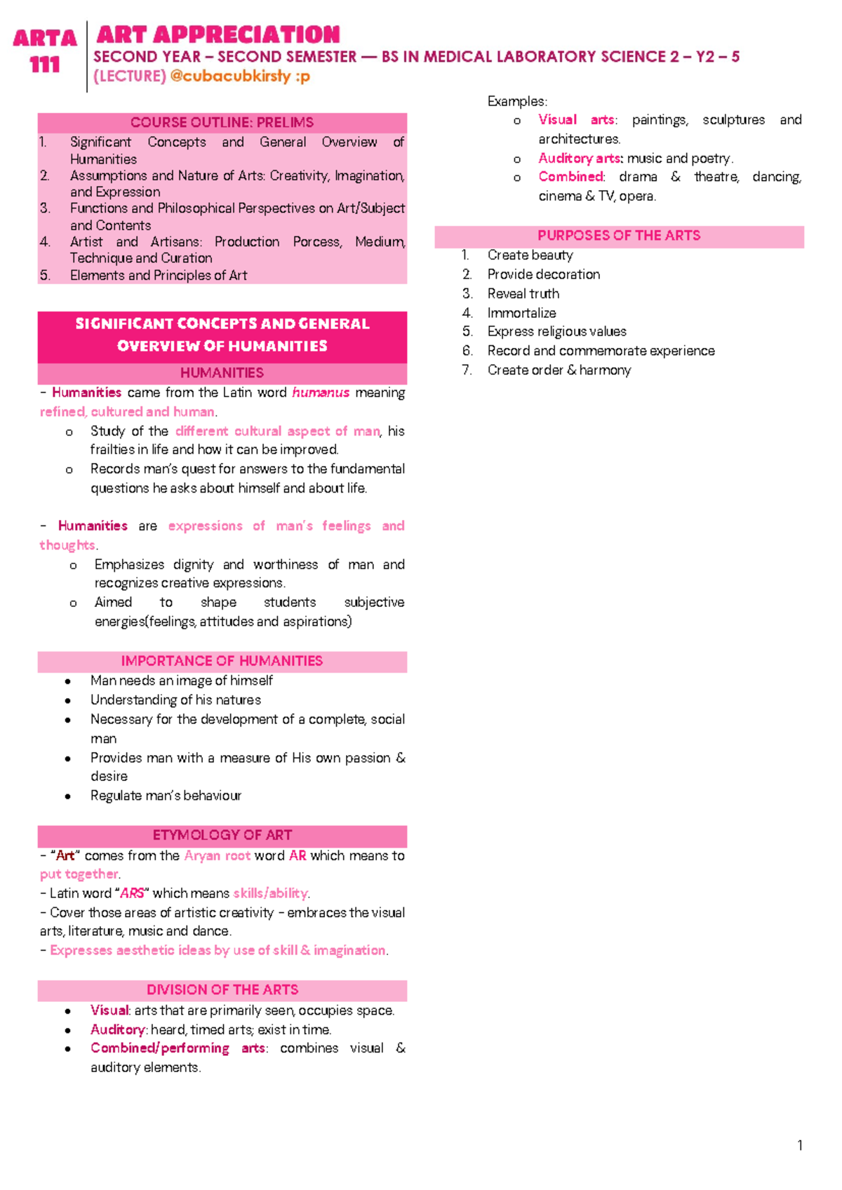 ARTA 111 - Prelim Transes - 1 COURSE OUTLINE: PRELIMS Significant ...