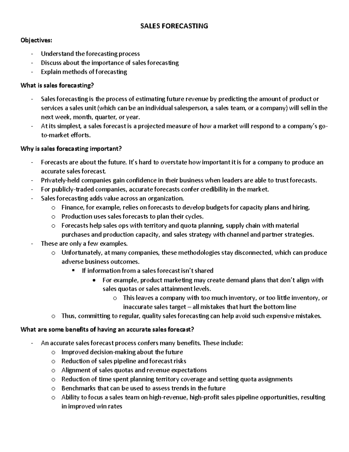 Cost Control - Sales Forecasting - SALES FORECASTING Objectives ...