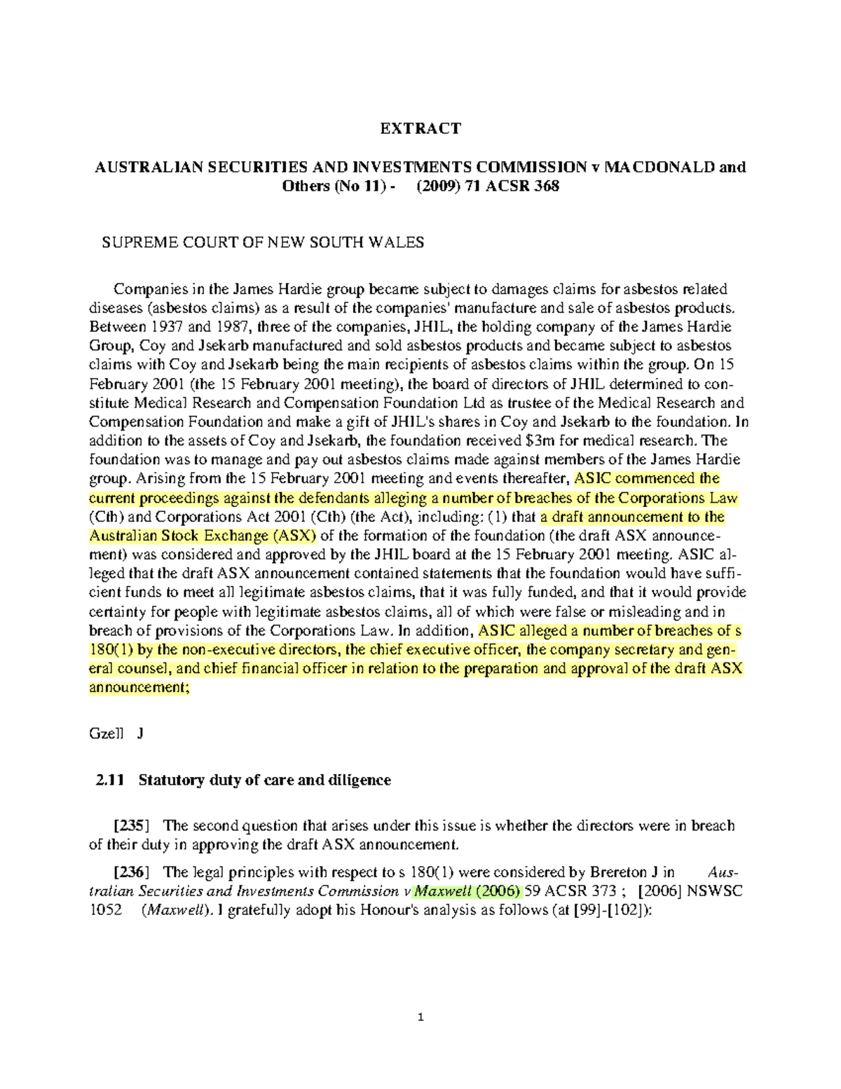 ASIC v Mac Donald - statutory duty of care - s 180 - EXTRACT AUSTRALIAN ...