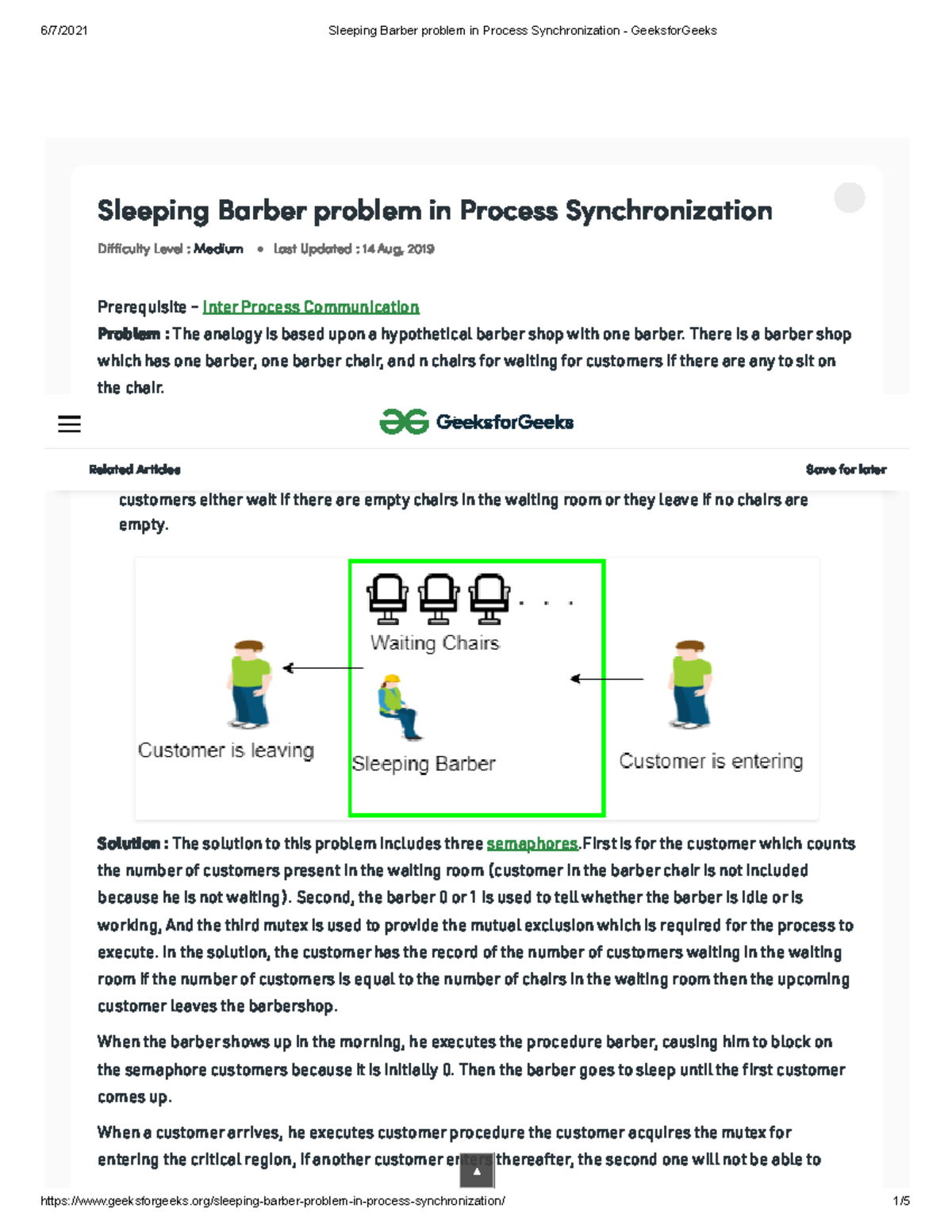 Sleeping Barber problem in Process Synchronization - Geeksfor Geeks - 6/7/2021 Sleeping Barber ...
