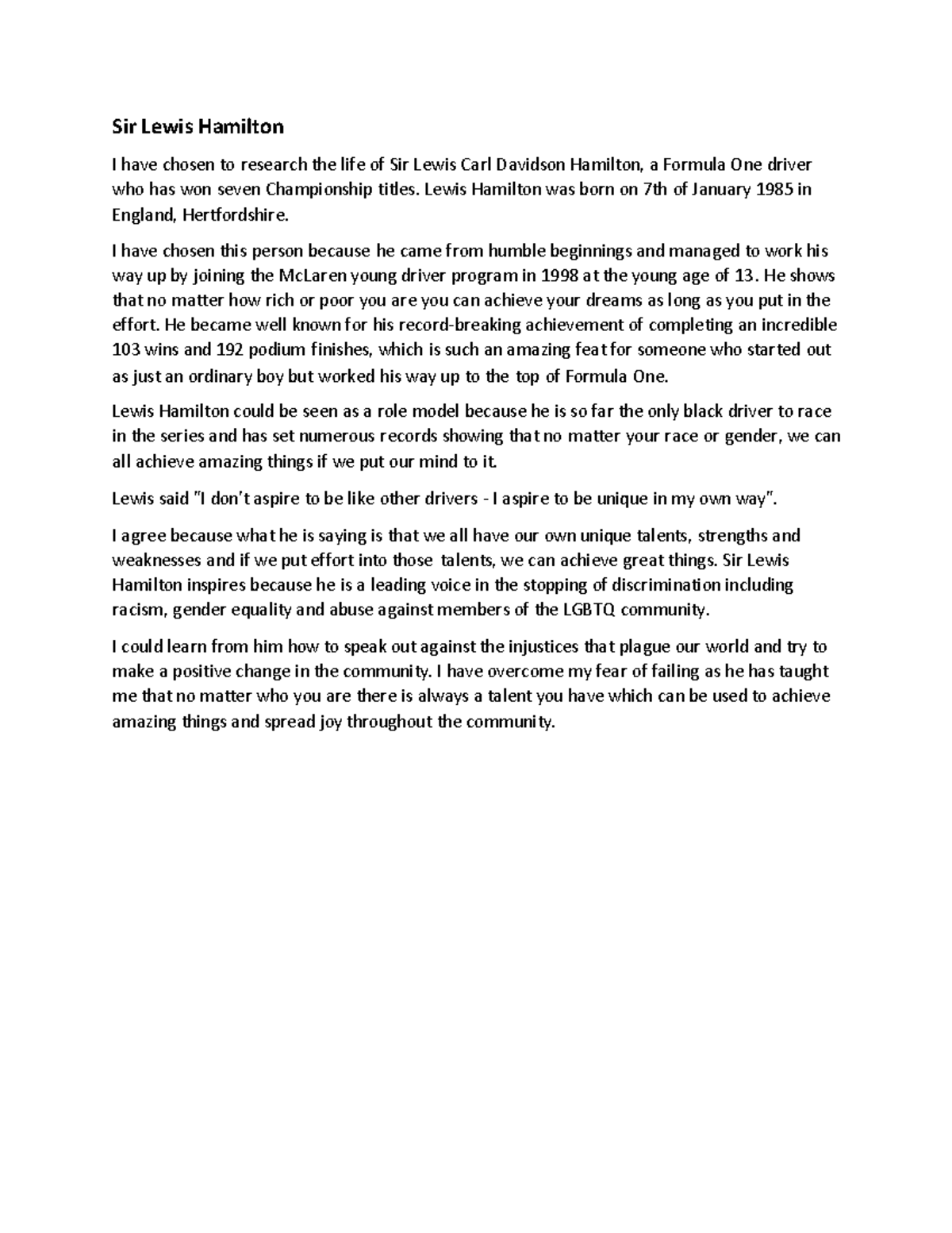 Lewis Hamilton - Sir Lewis Hamilton I have chosen to research the life ...