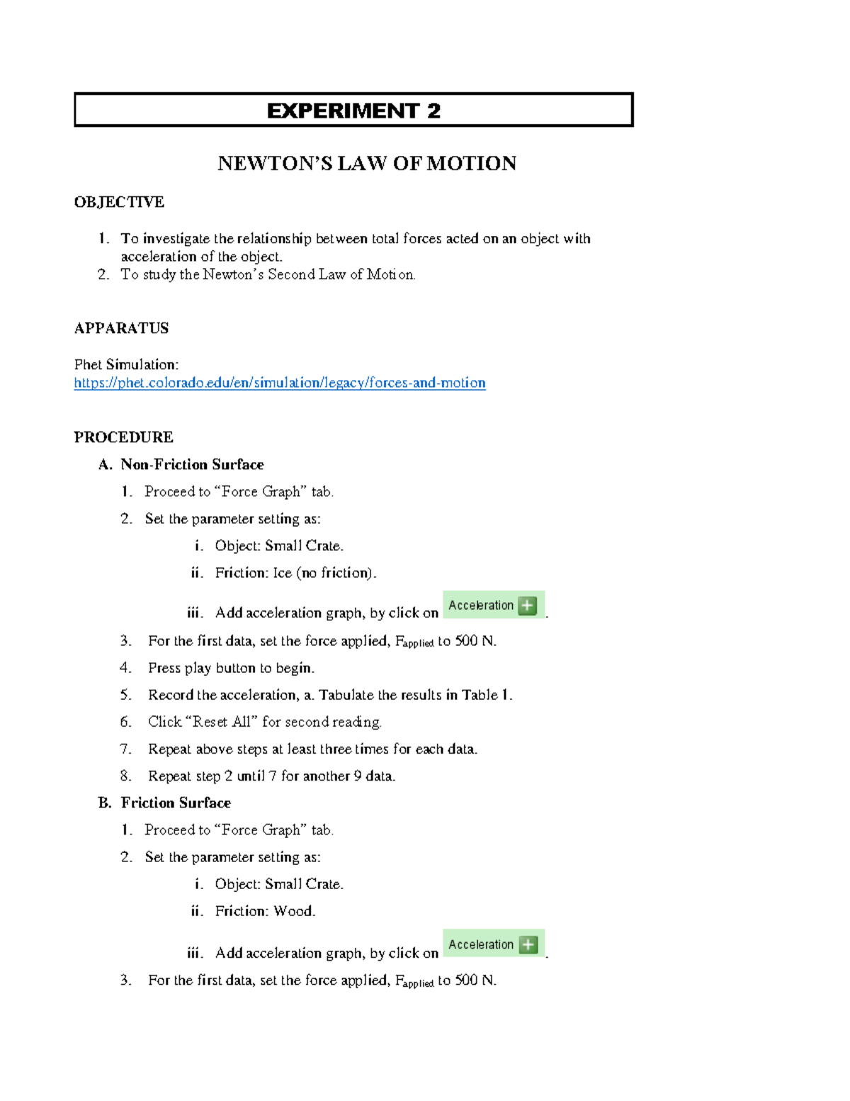 Lab Manual Simulation final - EXPERIMENT 2 NEWTON’S LAW OF MOTION ...